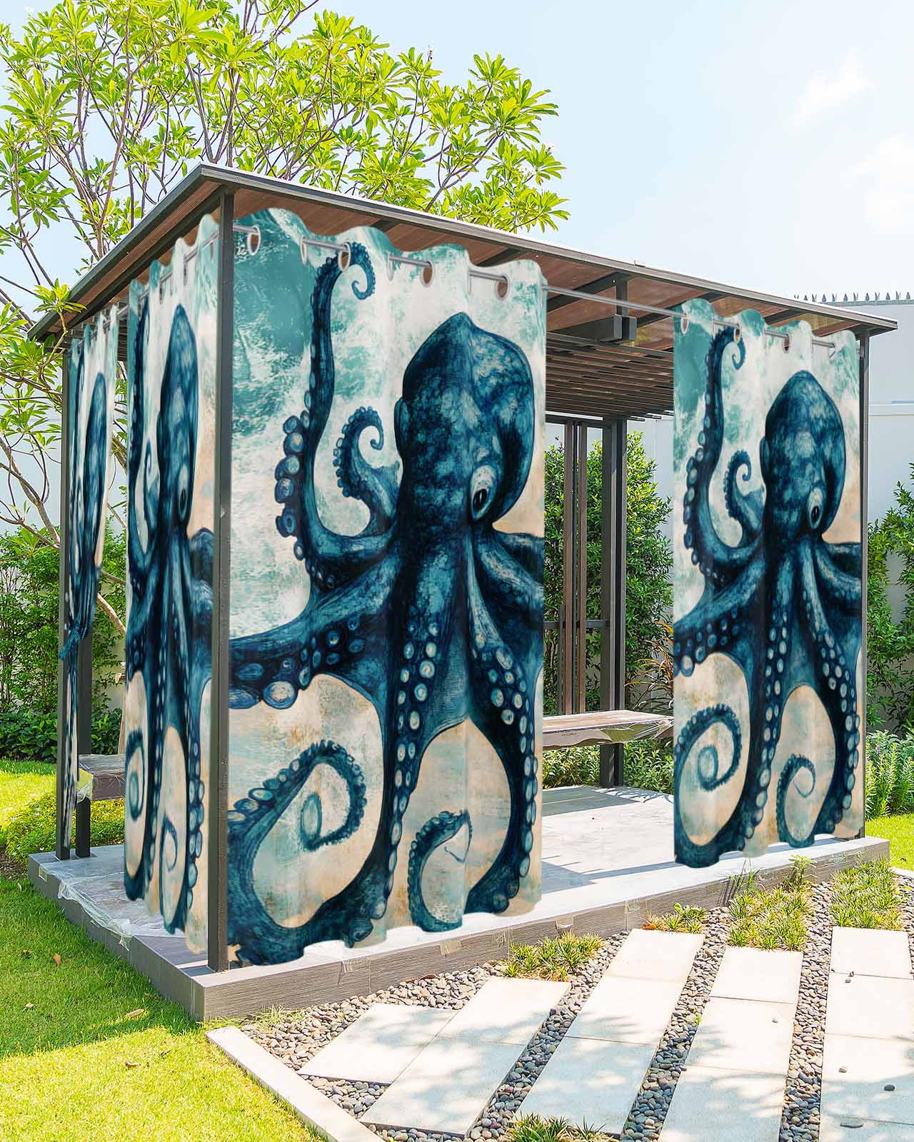 nqOlkjepod Outdoor Curtains for Patio Waterproof, Teal Blue Octopus ...
