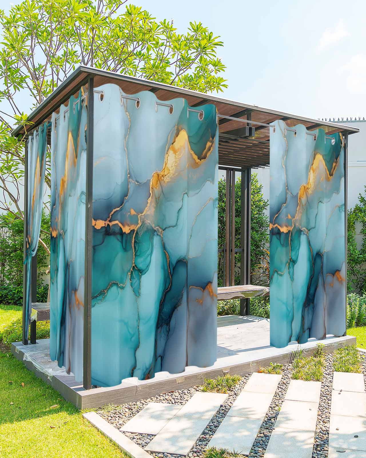 nqOlkjepod Outdoor Curtains for Patio Waterproof, Teal Golden Marble ...