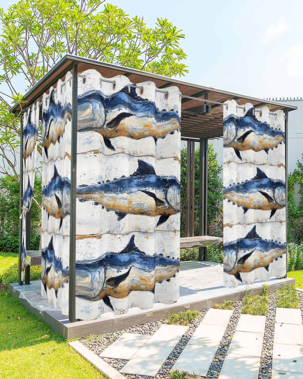 nqOlkjepod Outdoor Curtains for Patio Waterproof, White Navy Blue Fish ...