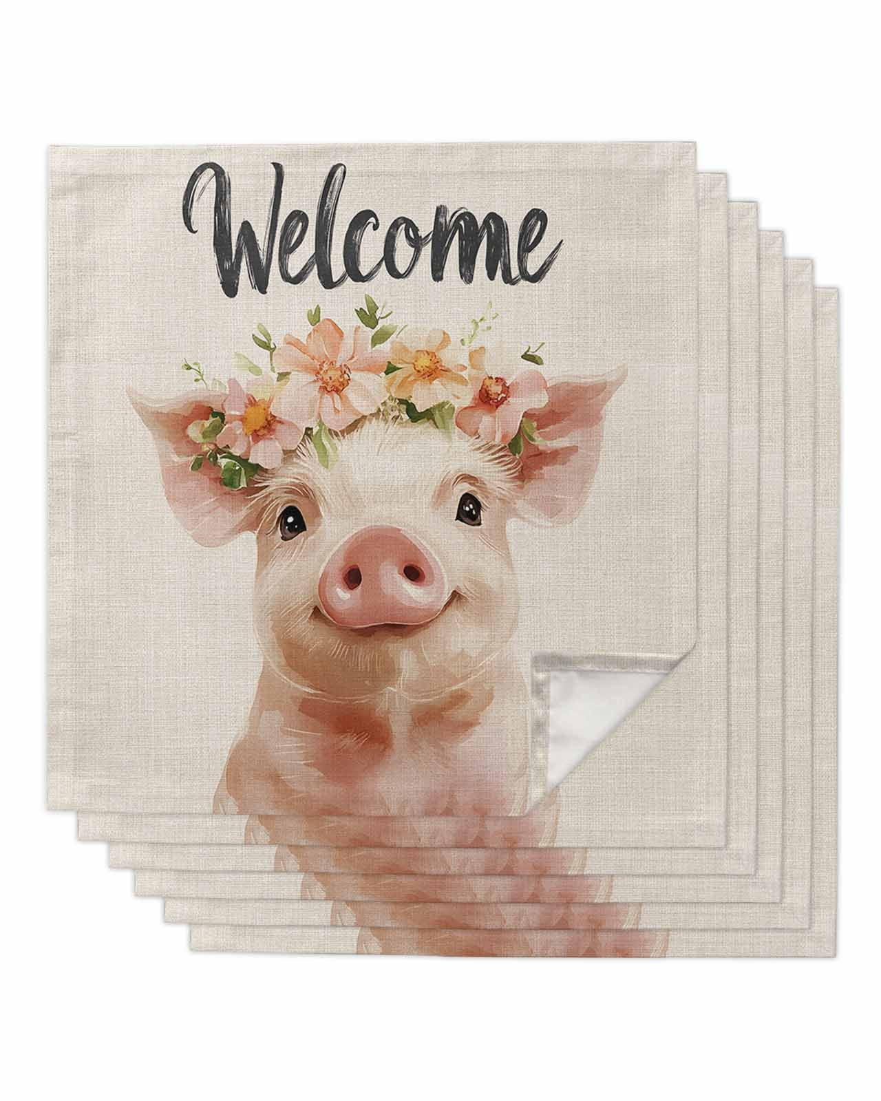 nqOlkjepod Pig Flower Garland Cloth Napkins Set of 6 Reusable Dinner ...