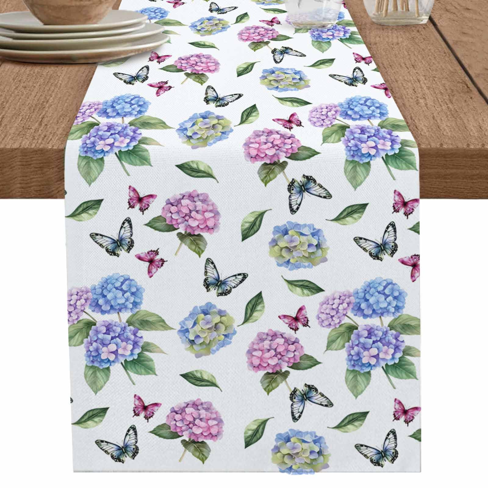 nqOlkjepod Pink Blue Hydrangea Table Runner 70 Inches Long Farmhouse ...