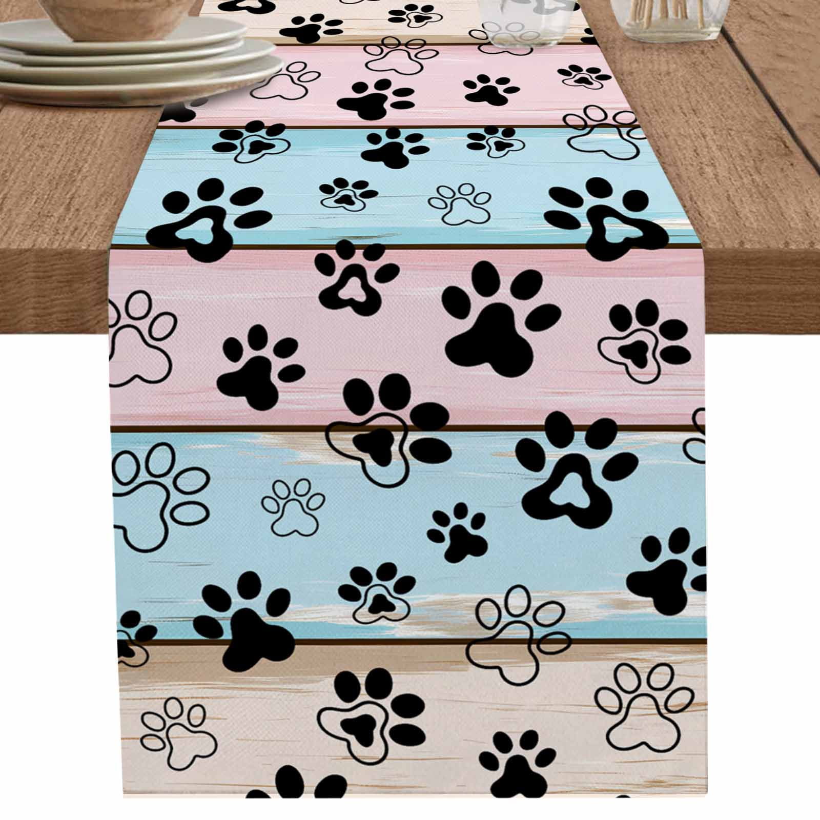 nqOlkjepod Pink Blue Paw Print Table Runner 72 Inches Long Farmhouse ...