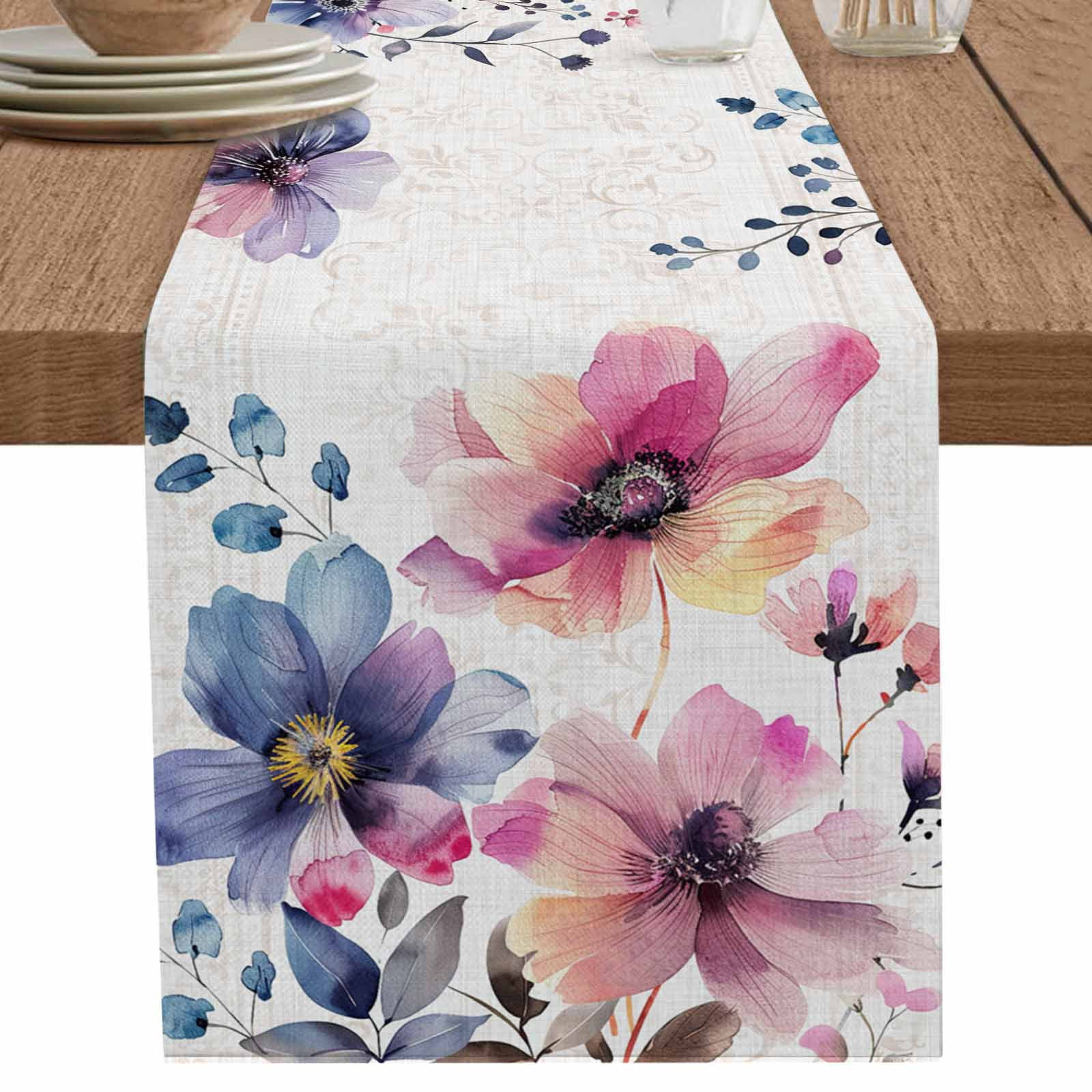 nqOlkjepod Pink Blue Spring Floral Table Runner 108 Inches Long ...