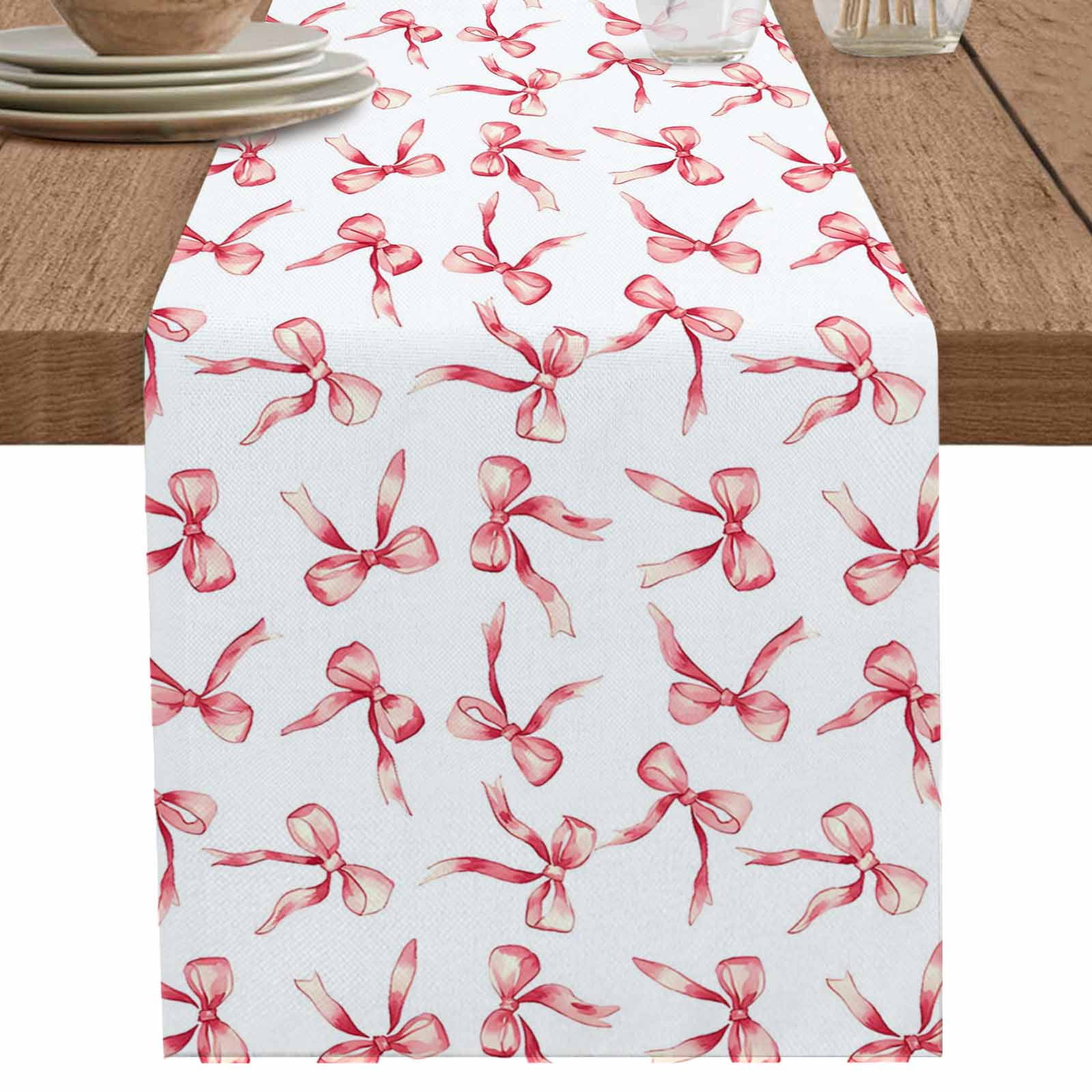 nqOlkjepod Pink Bow Ribbon Table Runner 72 Inches Long Farmhouse Dress ...