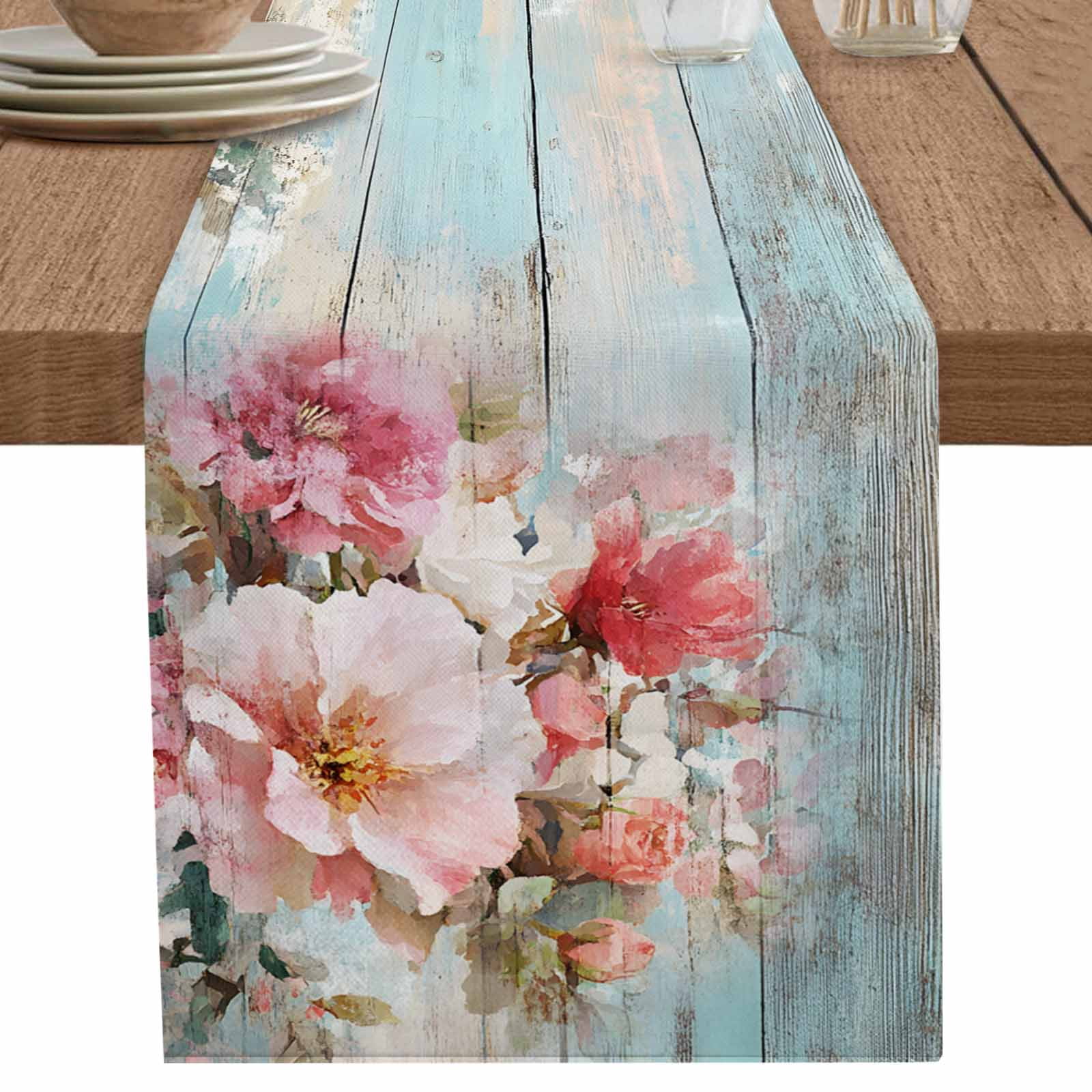 nqOlkjepod Pink Floral Table Runner 72 Inches Long Farmhouse Dress ...