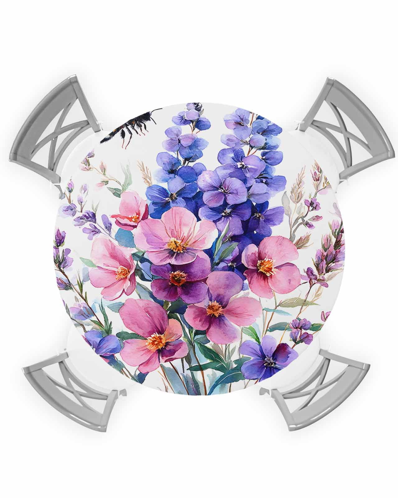 nqOlkjepod Pink Purple Floral Round Tablecloth, Fitted Table Cover with ...