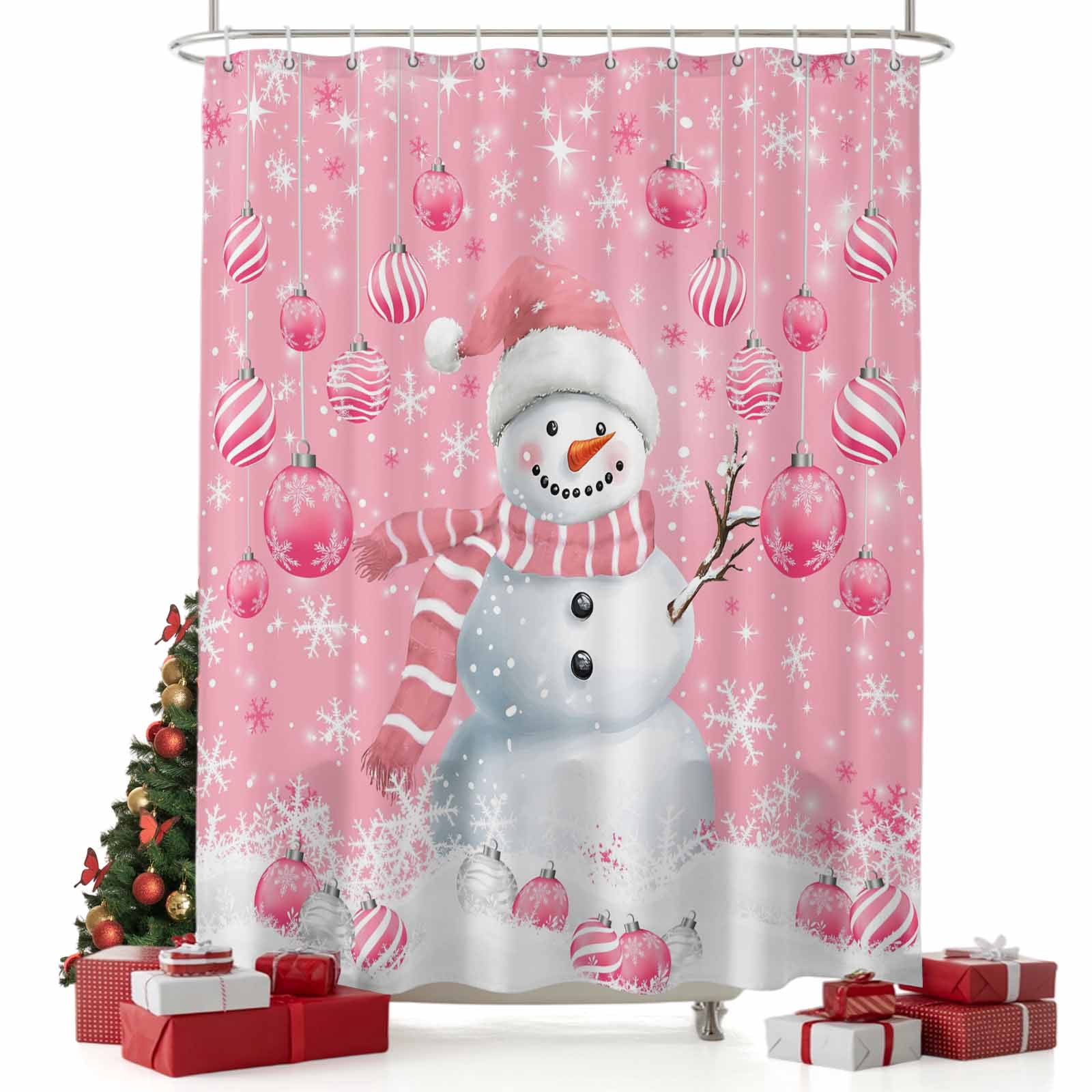 nqOlkjepod Pink Snowman Christmas Shower Curtain, Waterproof Shower ...