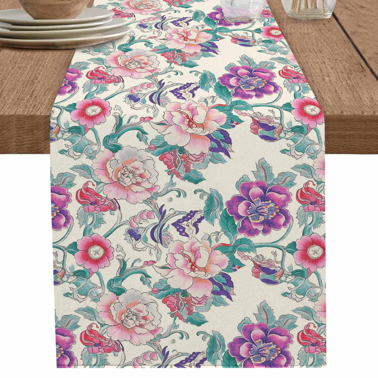 nqOlkjepod Purple Pink Floral Table Runner 60 Inches Long Farmhouse ...