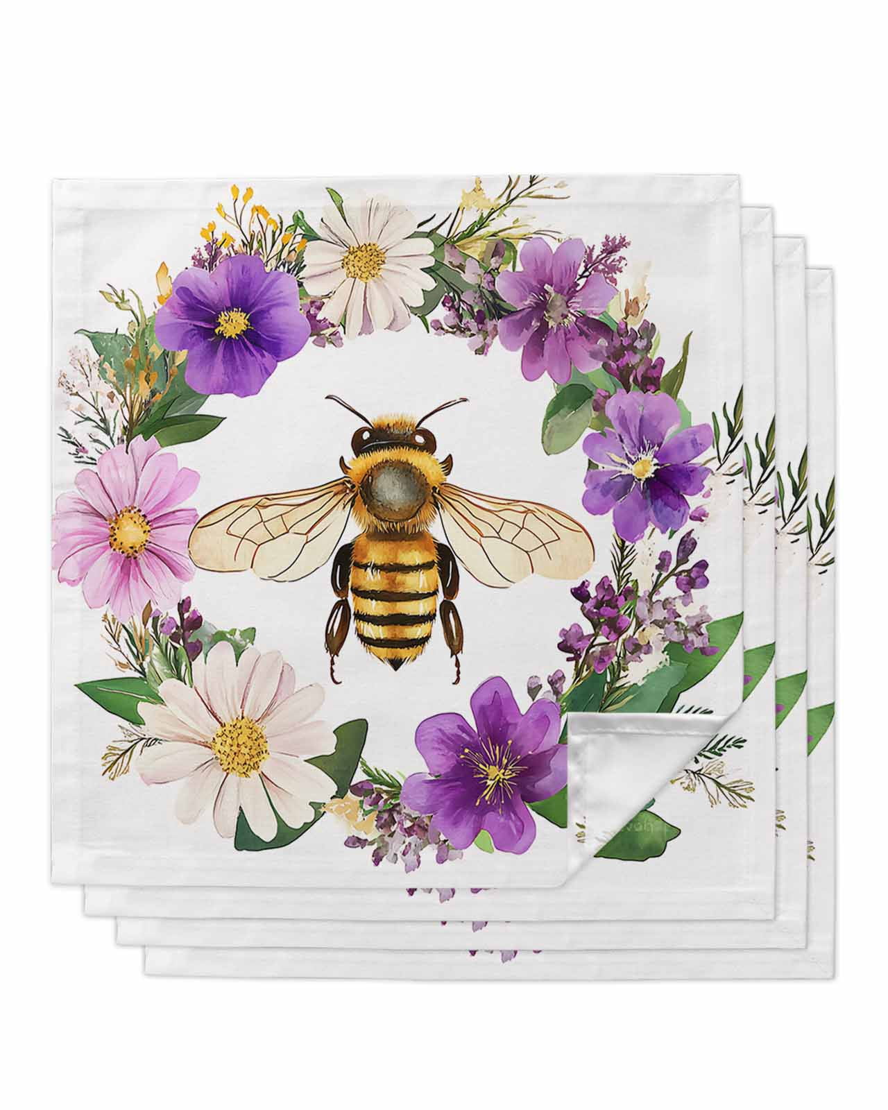 nqOlkjepod Purple Spring Floral Cloth Napkins Set of 4 Reusable Dinner Napkins, Summer Bee ...