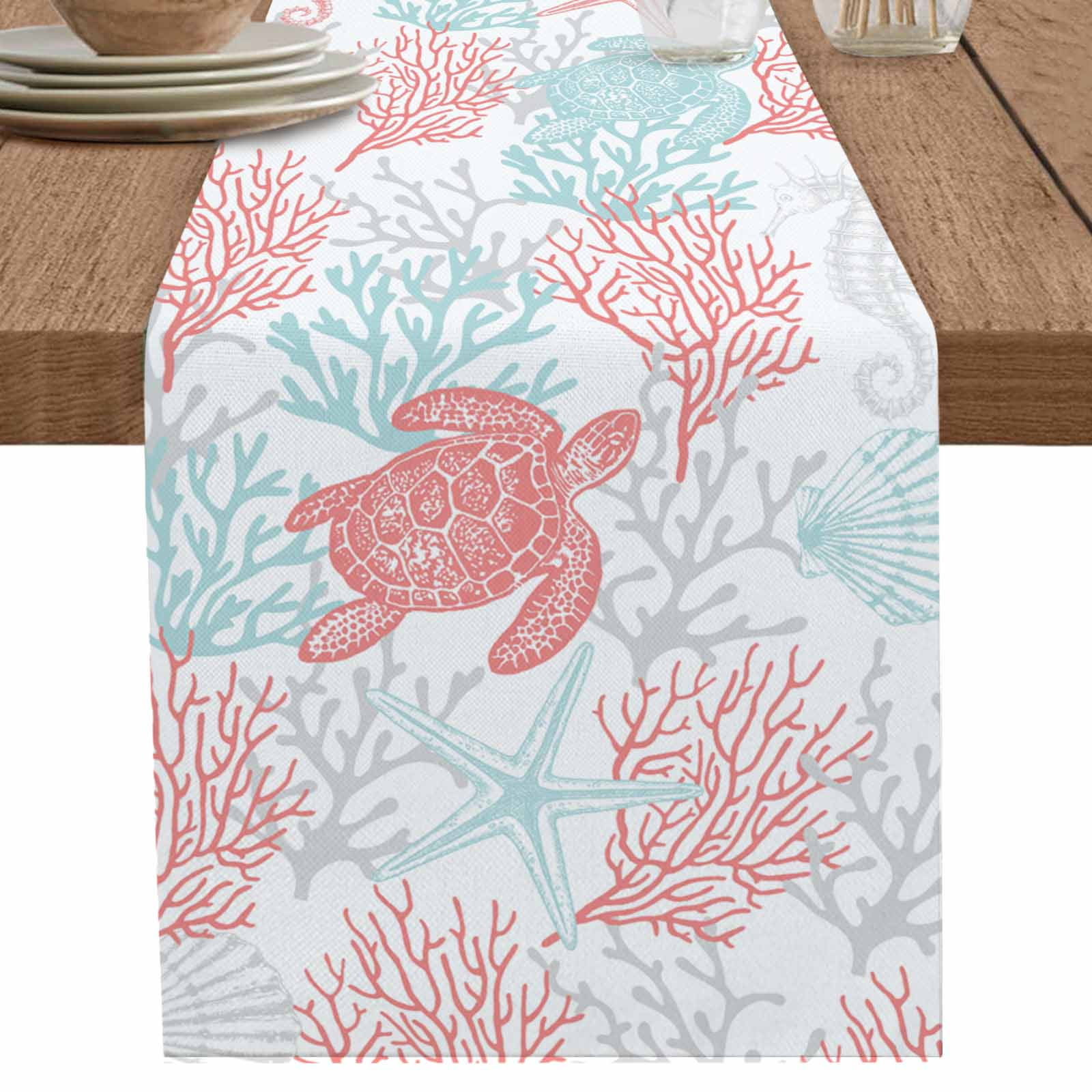 nqOlkjepod Red Aqua Coastal Table Runner 72 Inches Long Farmhouse Dress Scarves, Sea Turtle ...