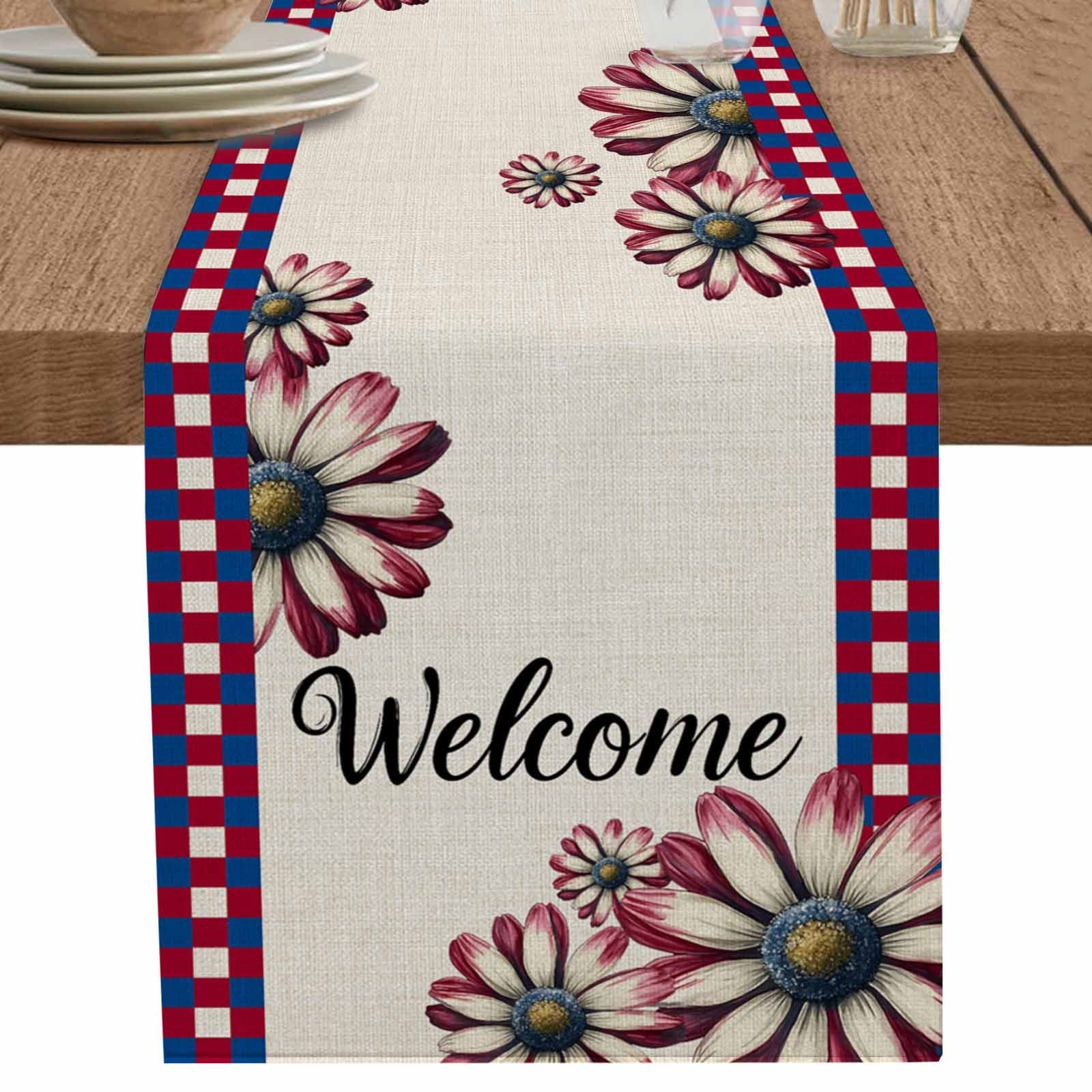 nqOlkjepod Red Blue Daisy Table Runner 72 Inches Long Farmhouse Dress ...