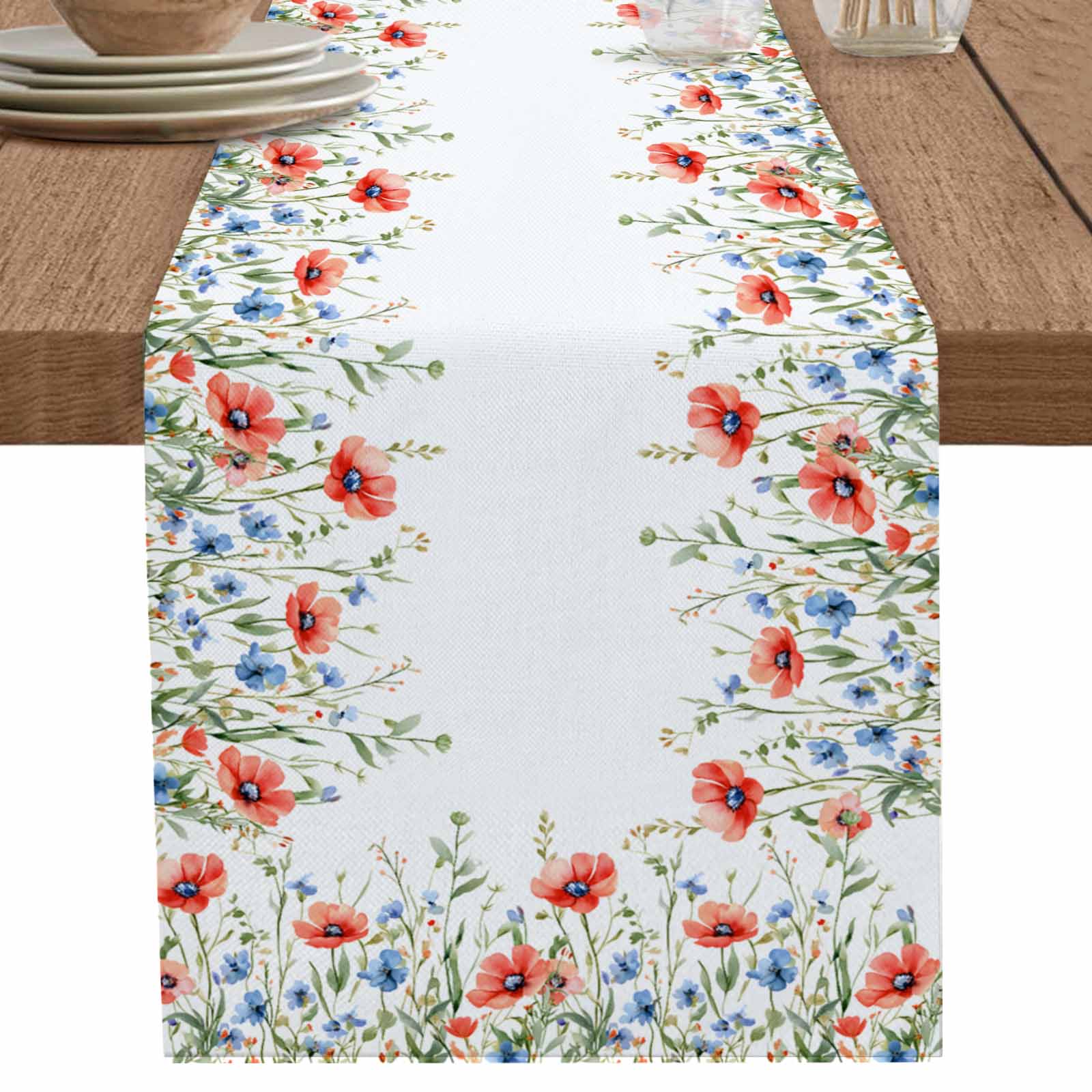 nqOlkjepod Red Blue Spring Floral Table Runner 72 Inches Long Farmhouse ...