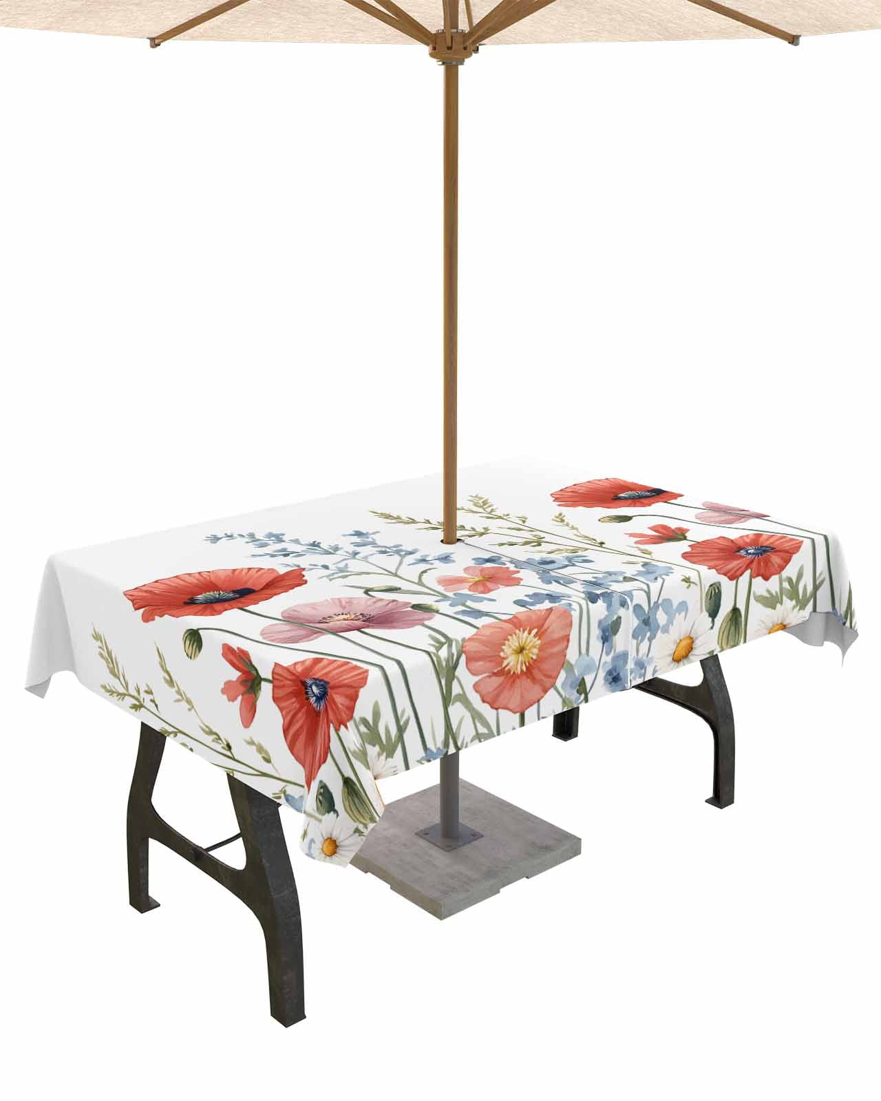 nqOlkjepod Red Flower Outdoor Tablecloth with Umbrella Hole & Zipper, Botanical Blue Plant Pink ...