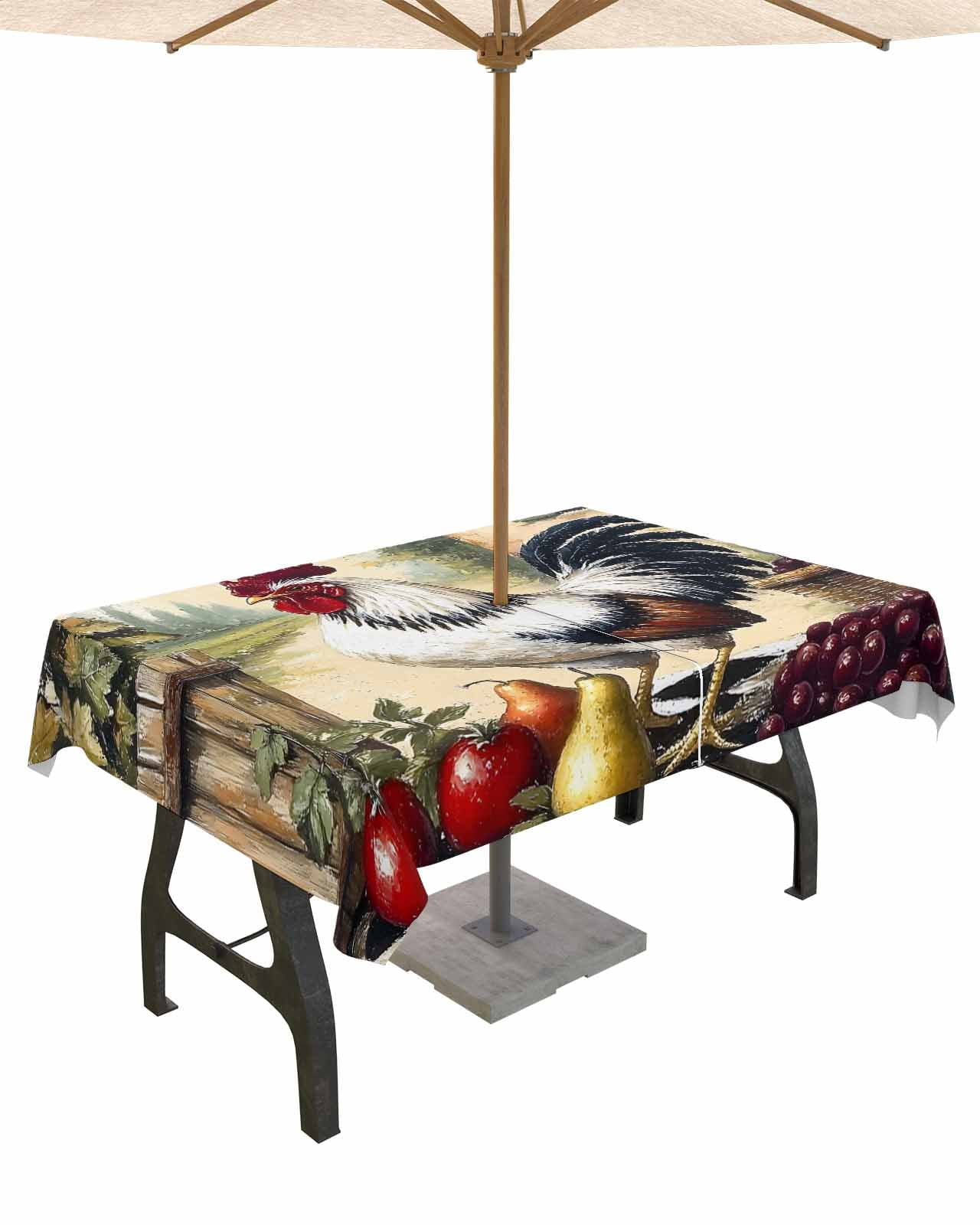 nqOlkjepod Retro Rooster Outdoor Tablecloth with Umbrella Hole & Zipper ...