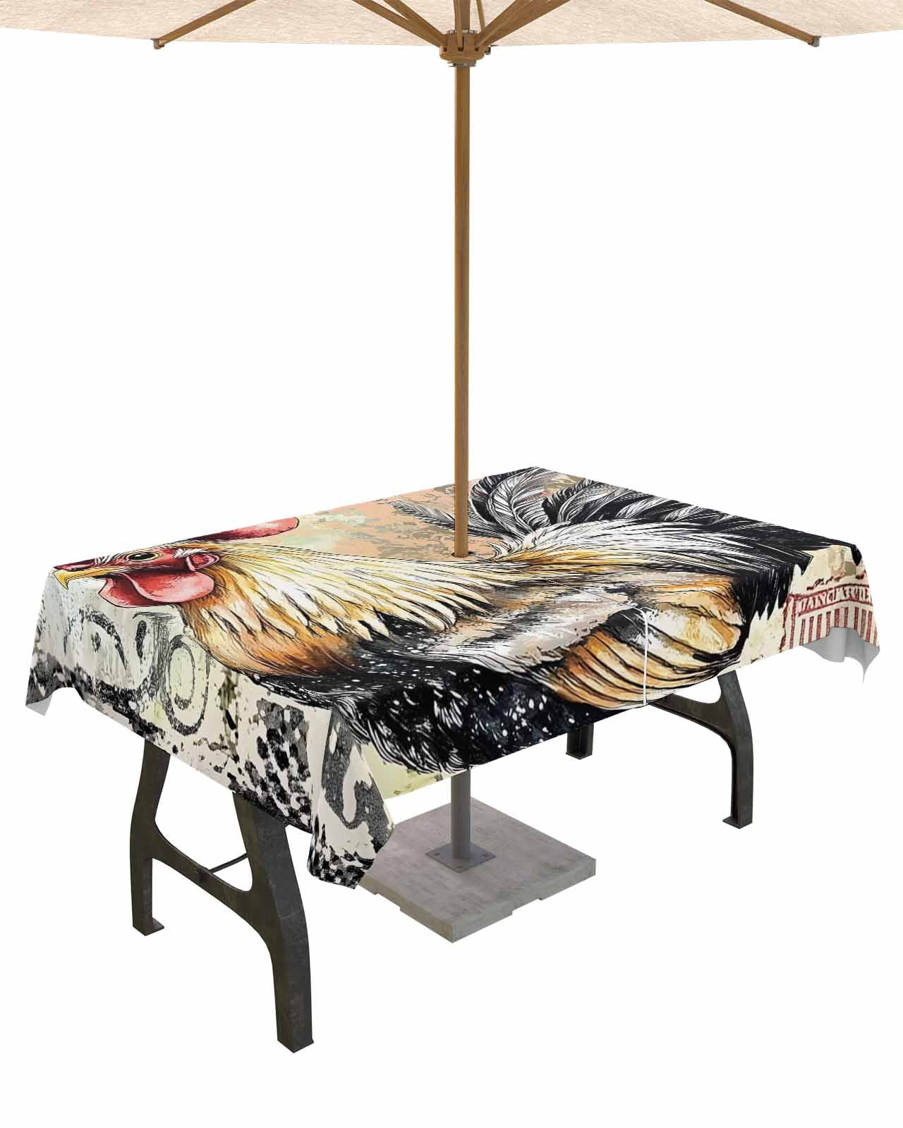 nqOlkjepod Retro Rooster Outdoor Tablecloth with Umbrella Hole & Zipper ...