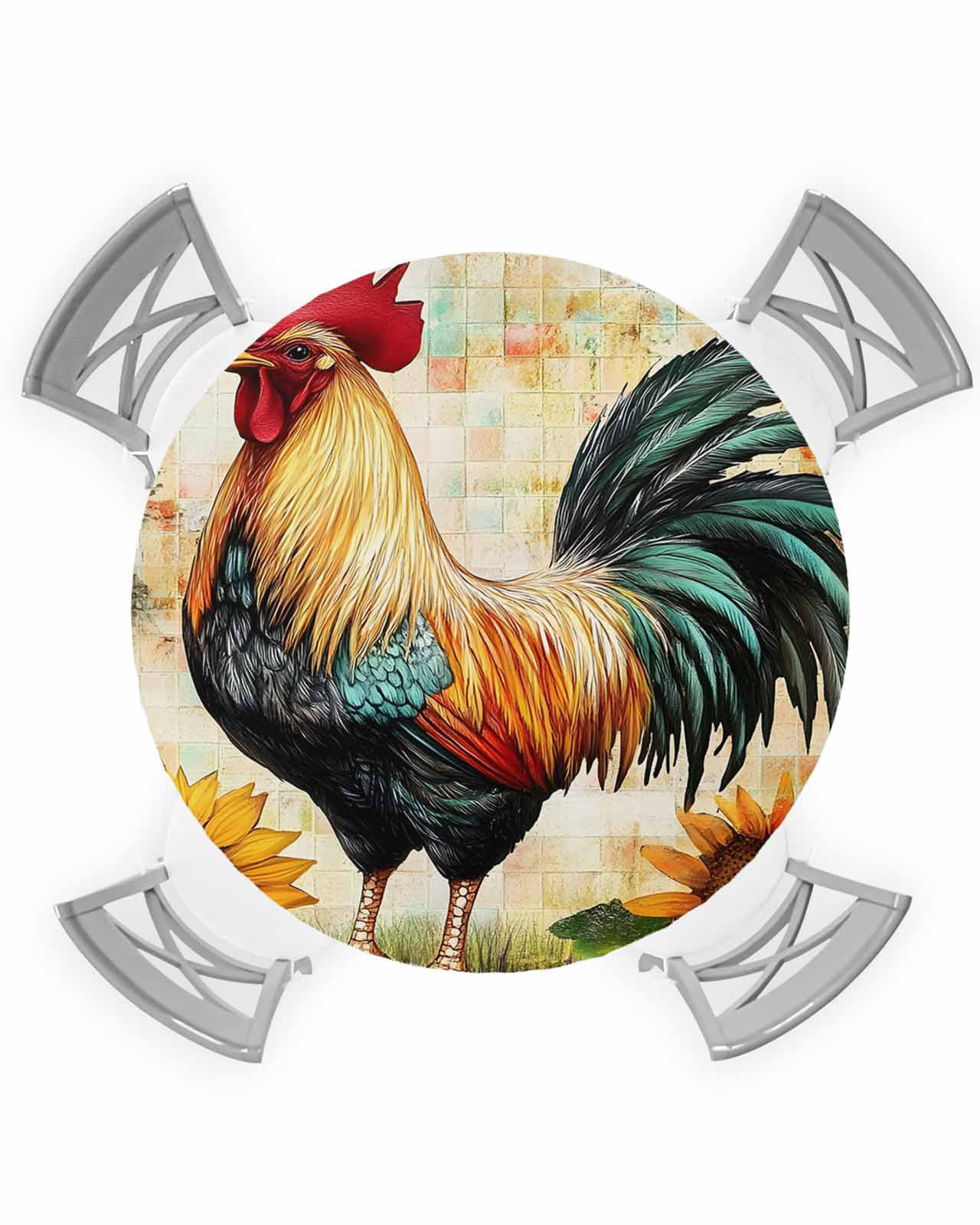 nqOlkjepod Retro Rooster Round Tablecloth, Fitted Table Cover with ...