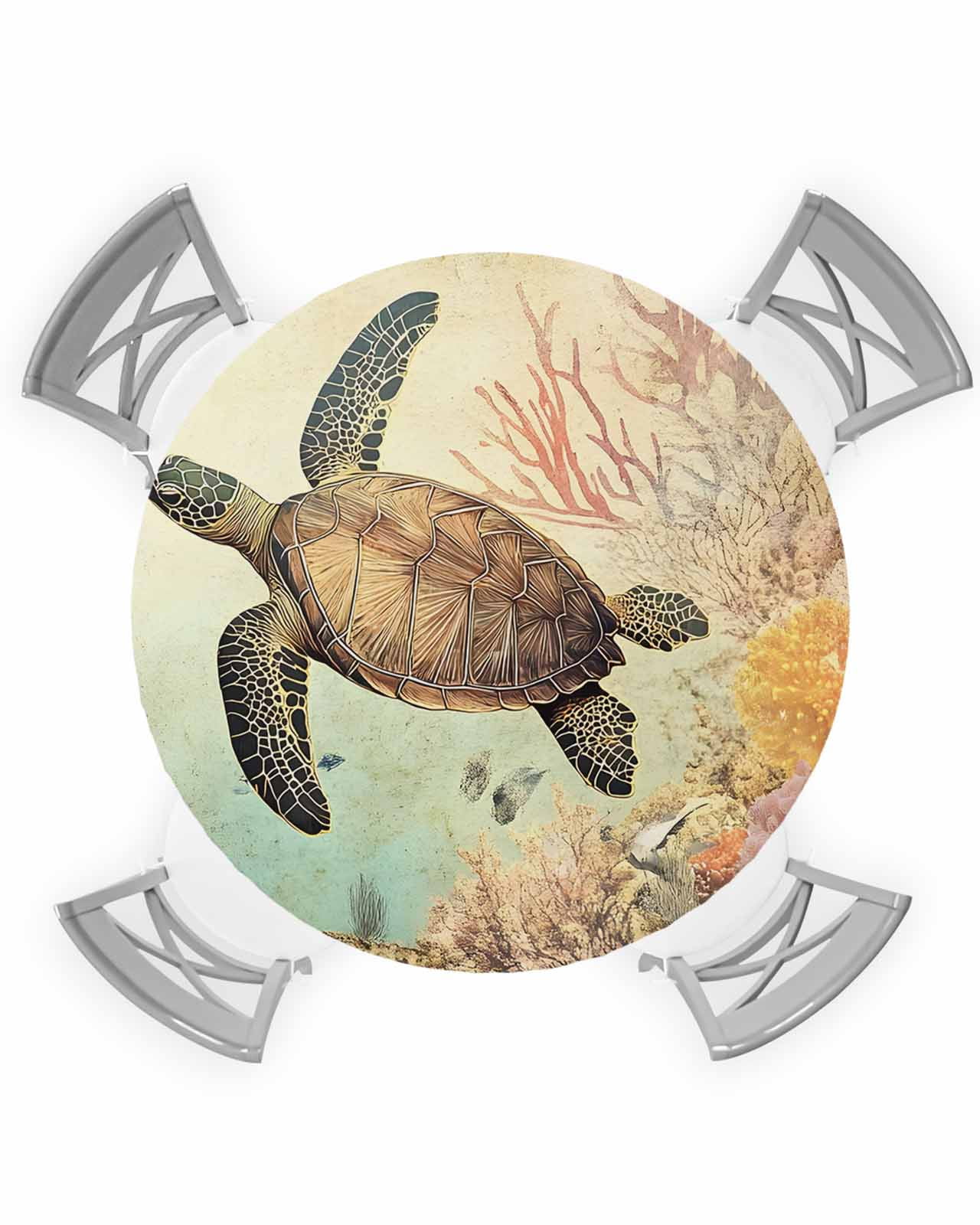nqOlkjepod Retro Turtle Round Tablecloth, Fitted Table Cover with Elastic for 45"-54" Round ...