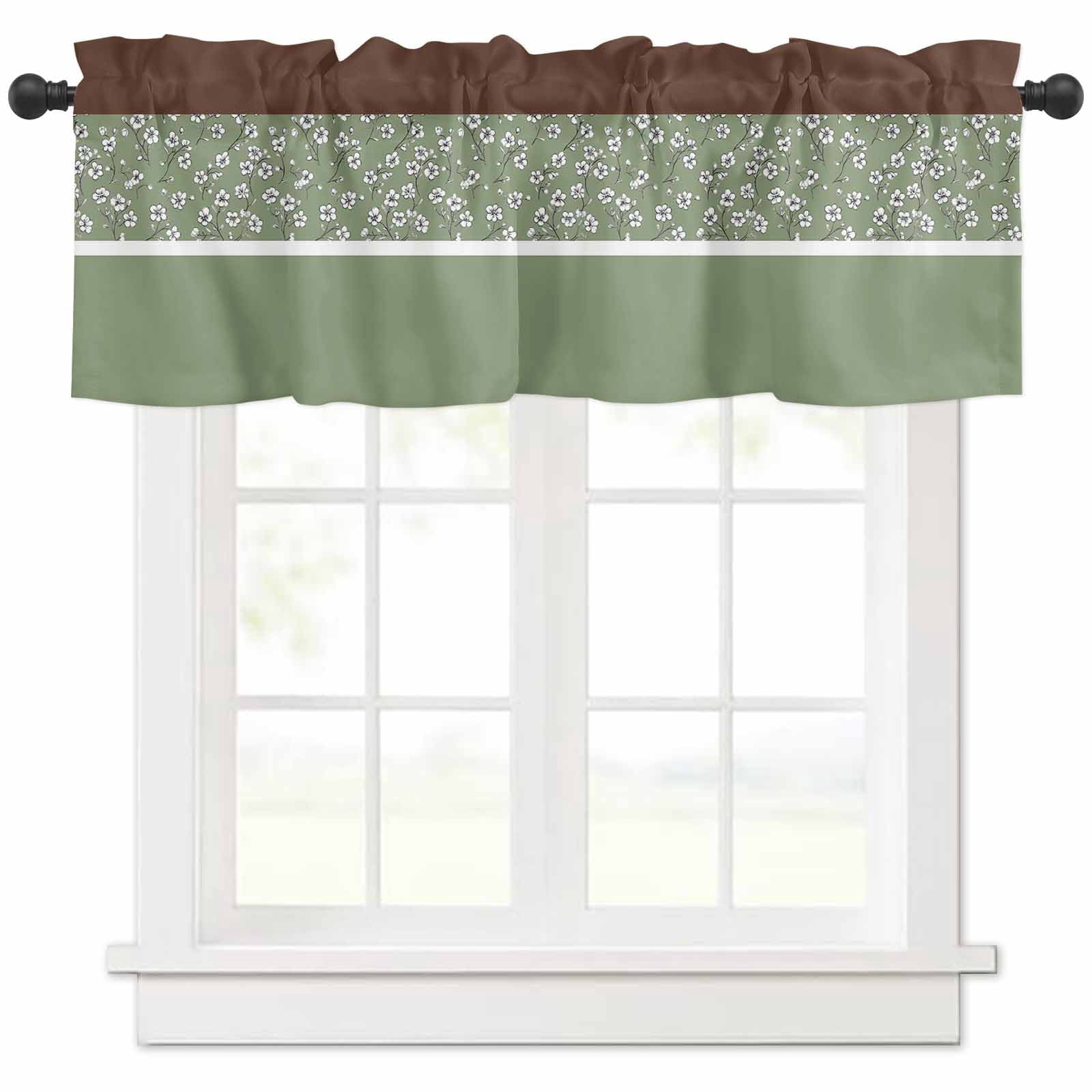 nqOlkjepod Sage Green Brown Flowers Farmhouse Short Window Curtain ...