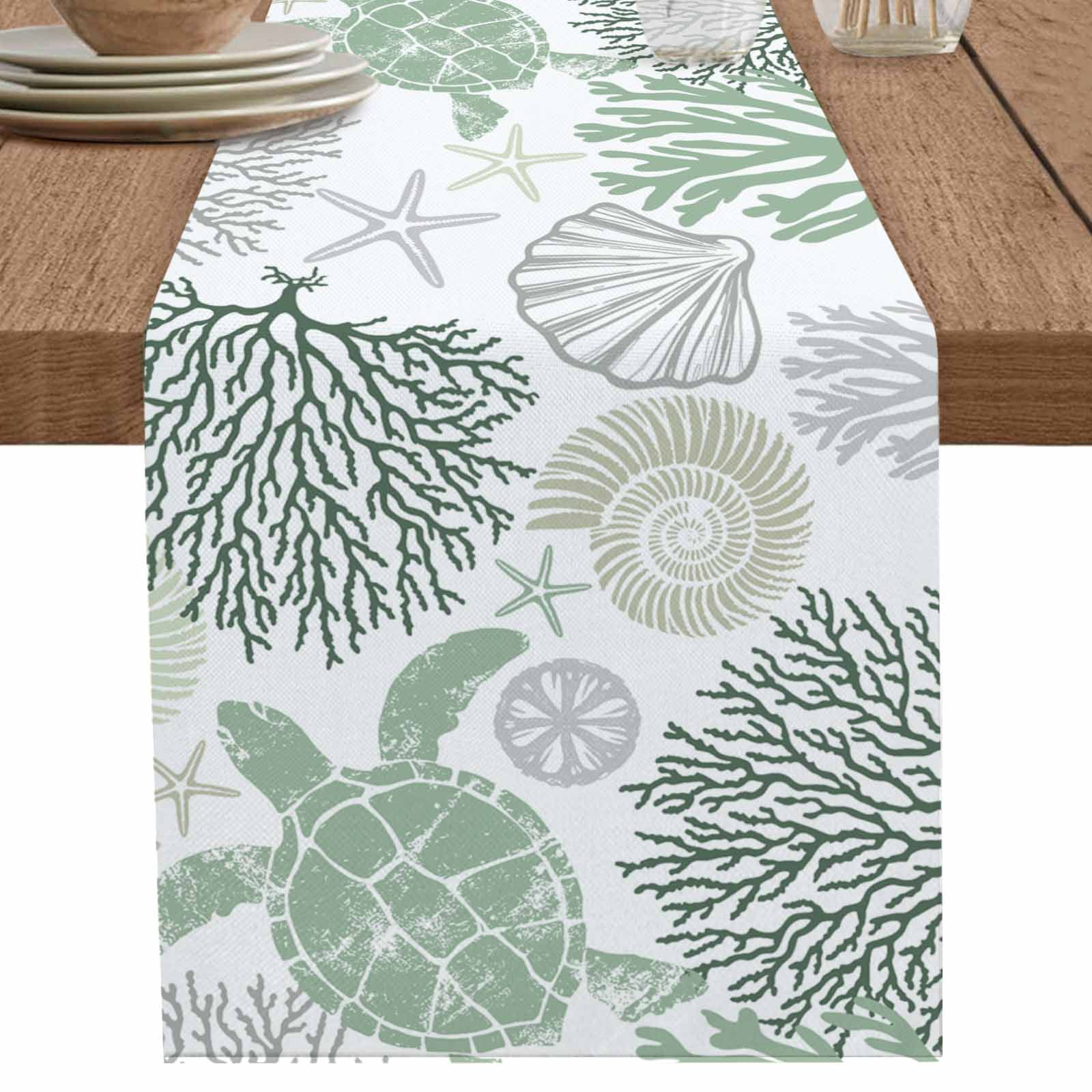nqOlkjepod Sage Green Coastal Turtle Table Runner 72 Inches Long ...