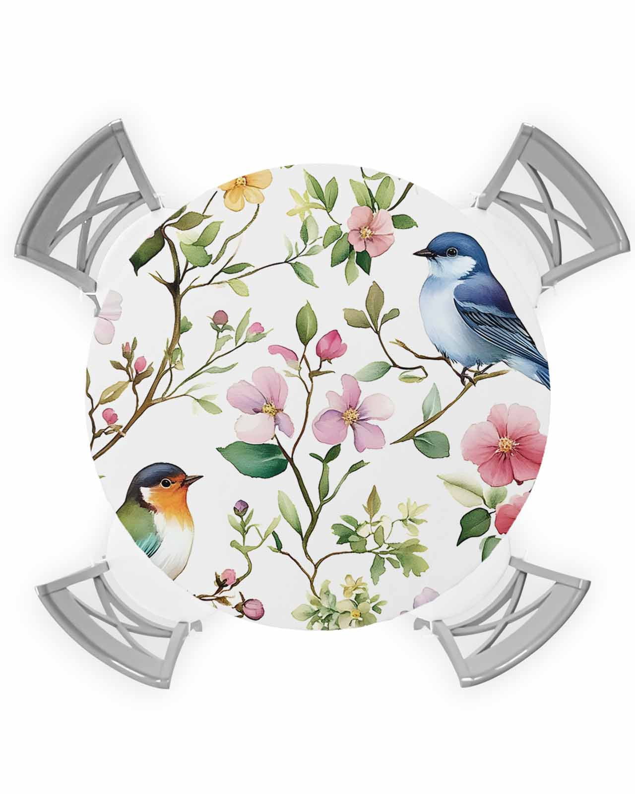 nqOlkjepod Spring Bird Floral Round Tablecloth, Fitted Table Cover with ...