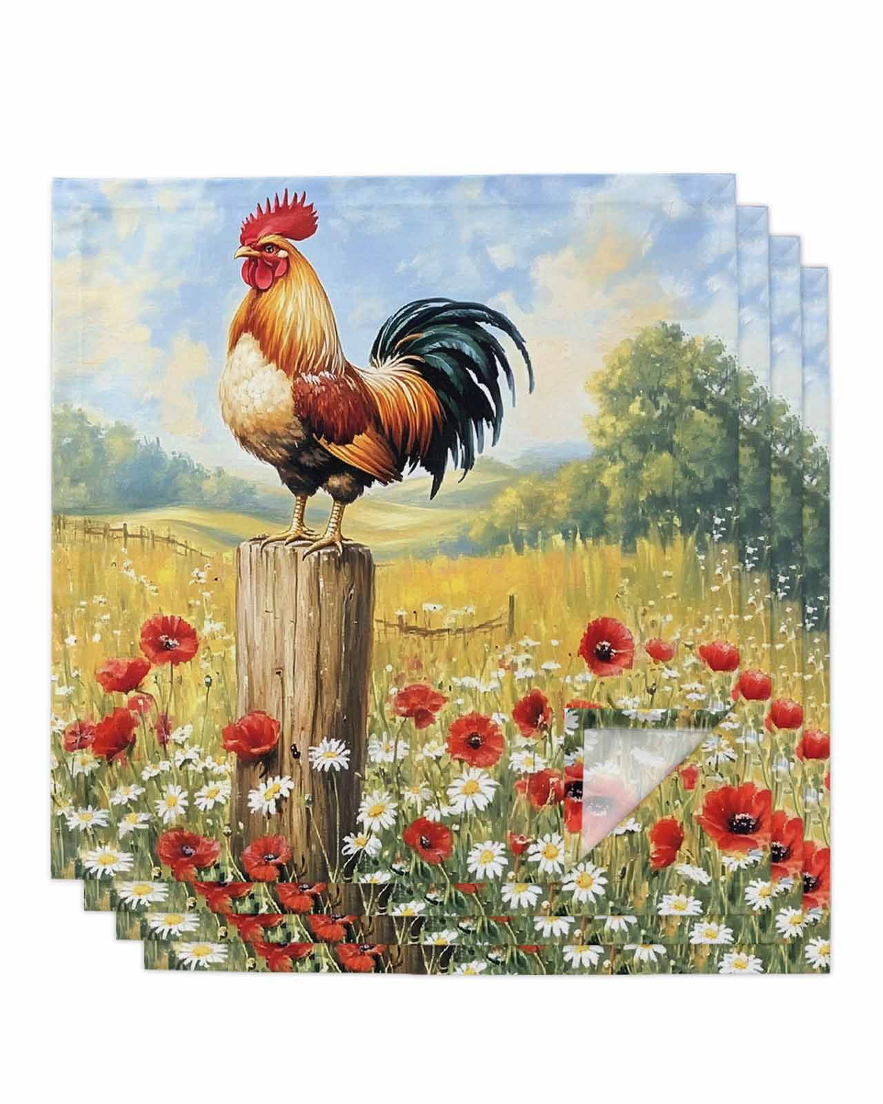 nqOlkjepod Spring Floral Rooster Cloth Napkins Set of 4 Reusable Dinner ...