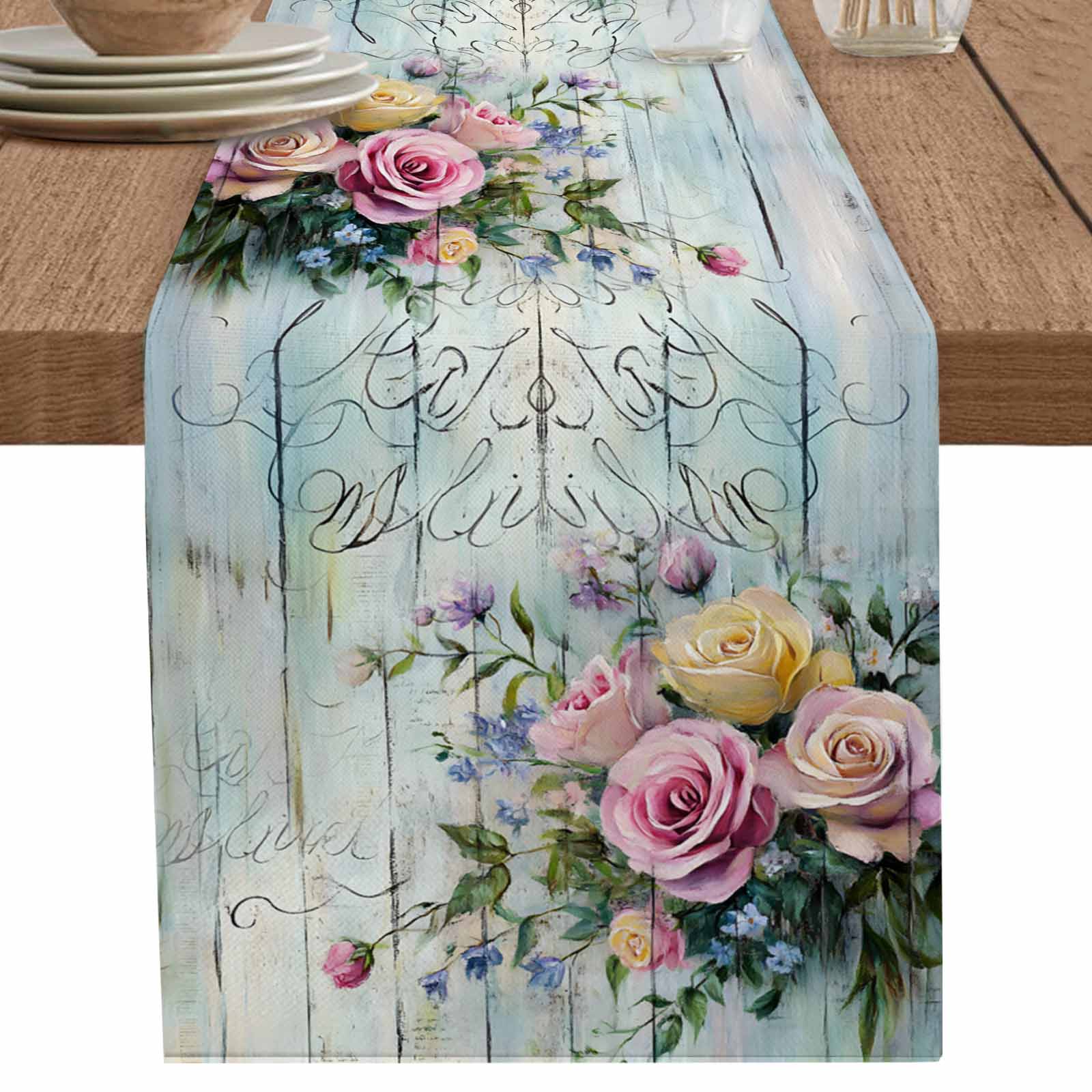 nqOlkjepod Spring Rose Table Runner 60 Inches Long Farmhouse Dress ...