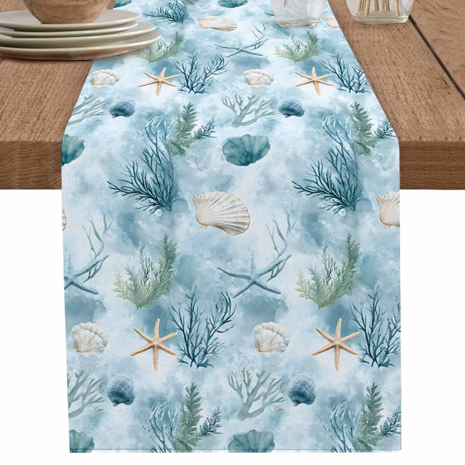 nqOlkjepod Summer Blue Coral Table Runner 72 Inches Long Farmhouse ...