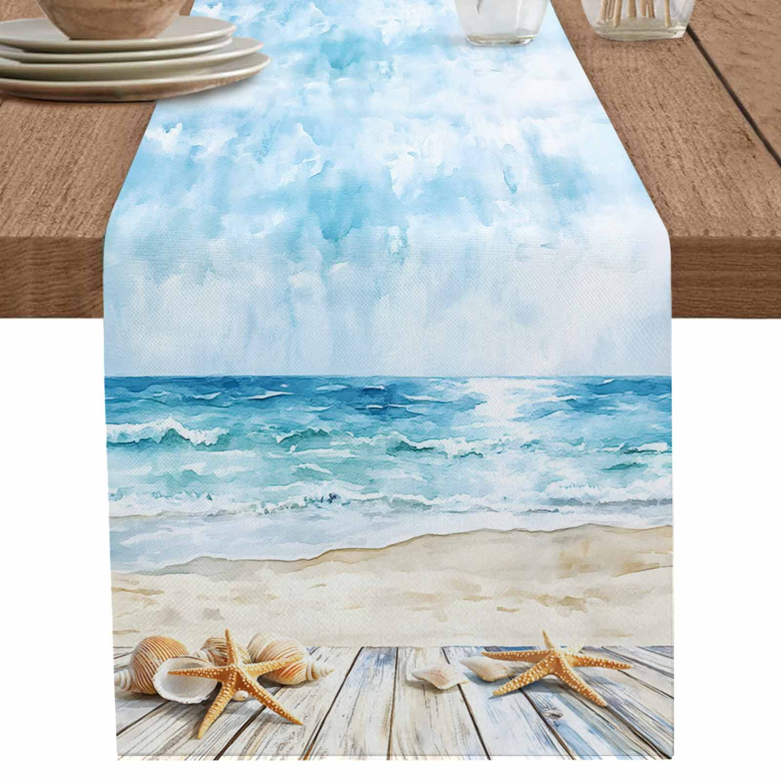 nqOlkjepod Summer Coastal Table Runner 48 Inches Long Farmhouse Dress Scarves, Watercolor Ocean ...
