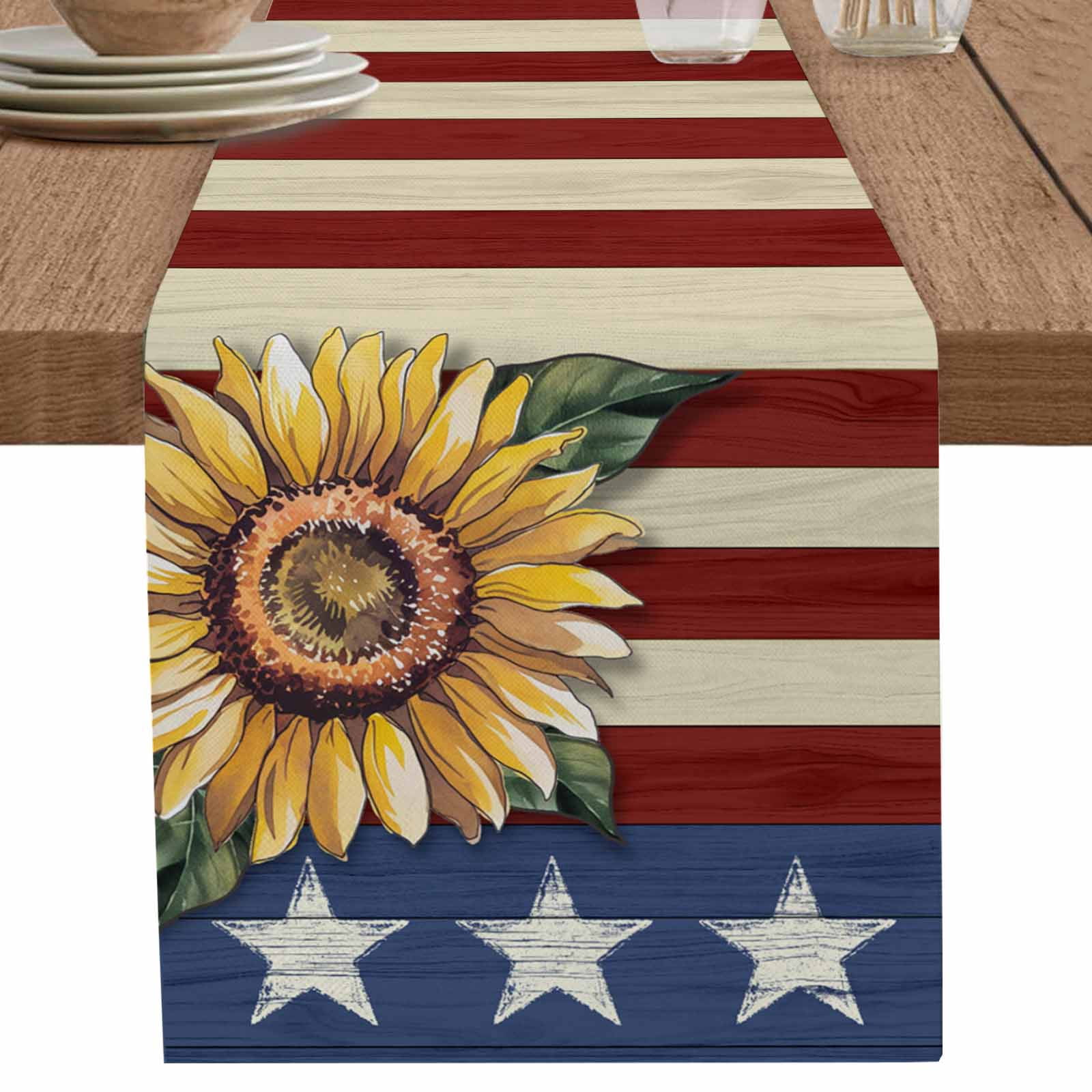 nqOlkjepod Sunflower America Flag Table Runner 72 Inches Long Farmhouse ...