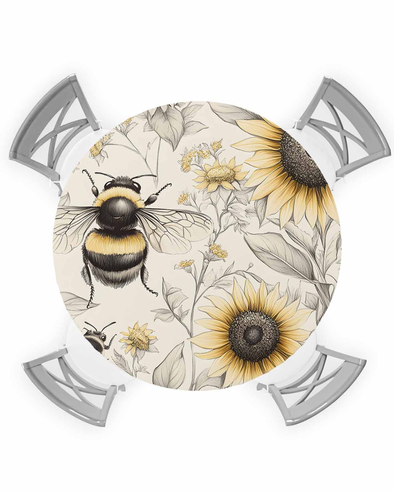 nqOlkjepod Sunflowers Bees Round Tablecloth, Fitted Table Cover with Elastic for 45"-54" Round ...