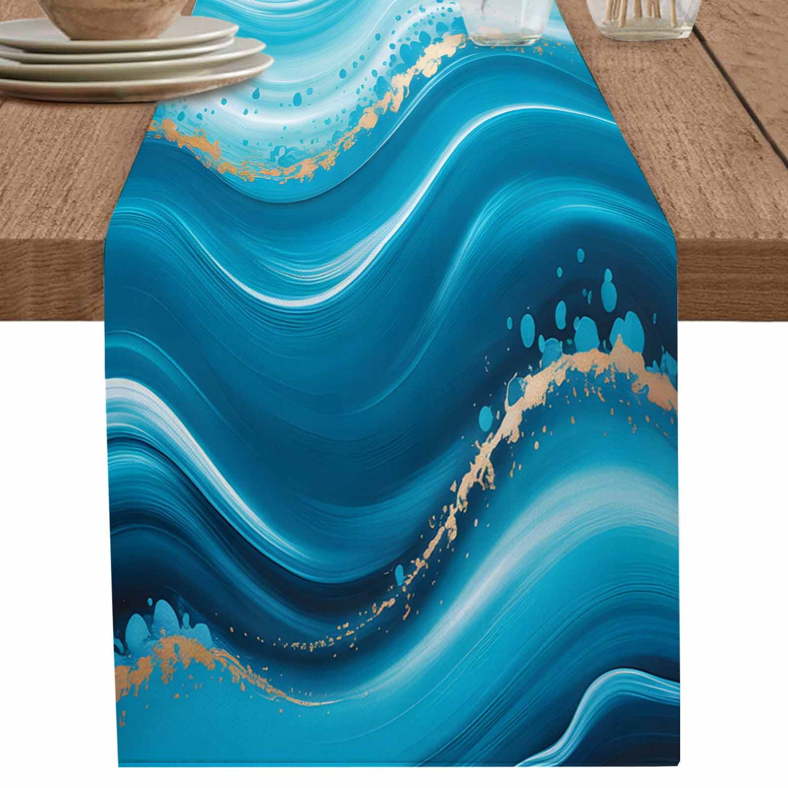 nqOlkjepod Teal Abstract Waves Table Runner 60 Inches Long Farmhouse ...