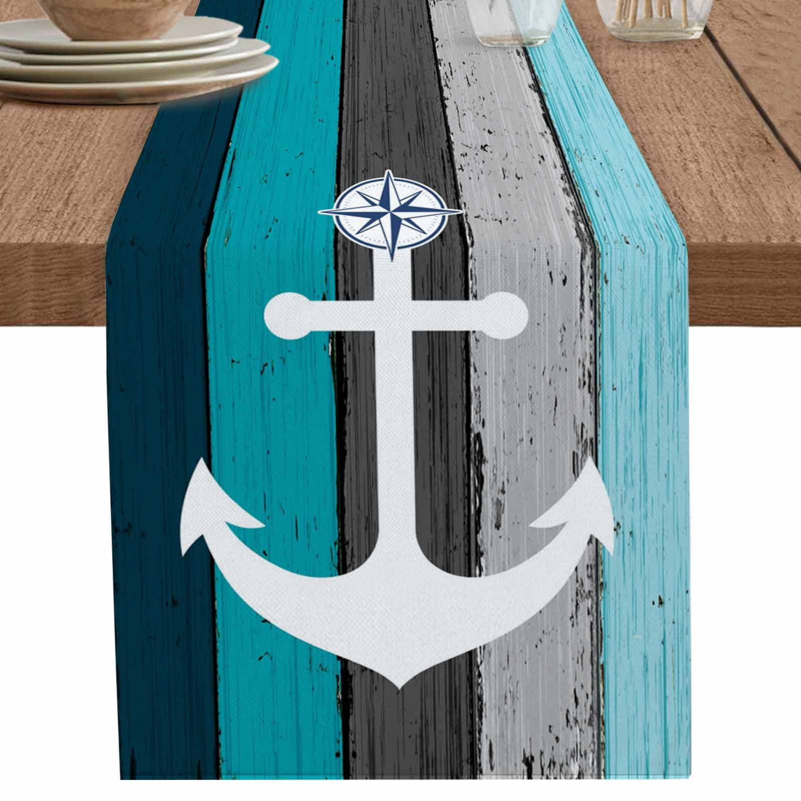 nqOlkjepod Teal Blue Anchor Coastal Table Runner 72 Inches Long ...