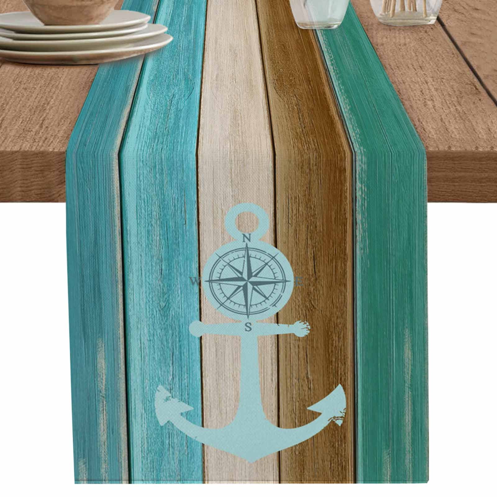 nqOlkjepod Teal Blue Anchor Table Runner 90 Inches Long Farmhouse Dress ...