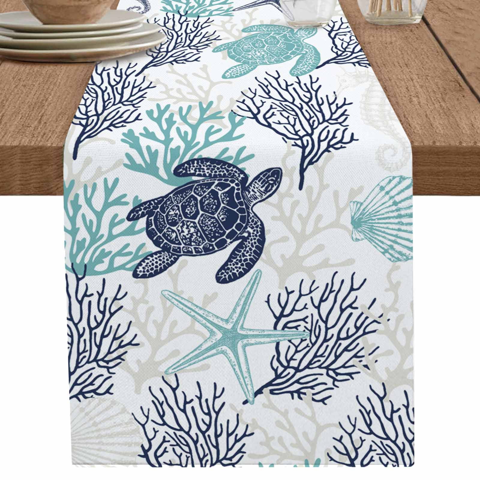 nqOlkjepod Teal Blue Coastal Table Runner 72 Inches Long Farmhouse Dress Scarves, Sea Turtle ...