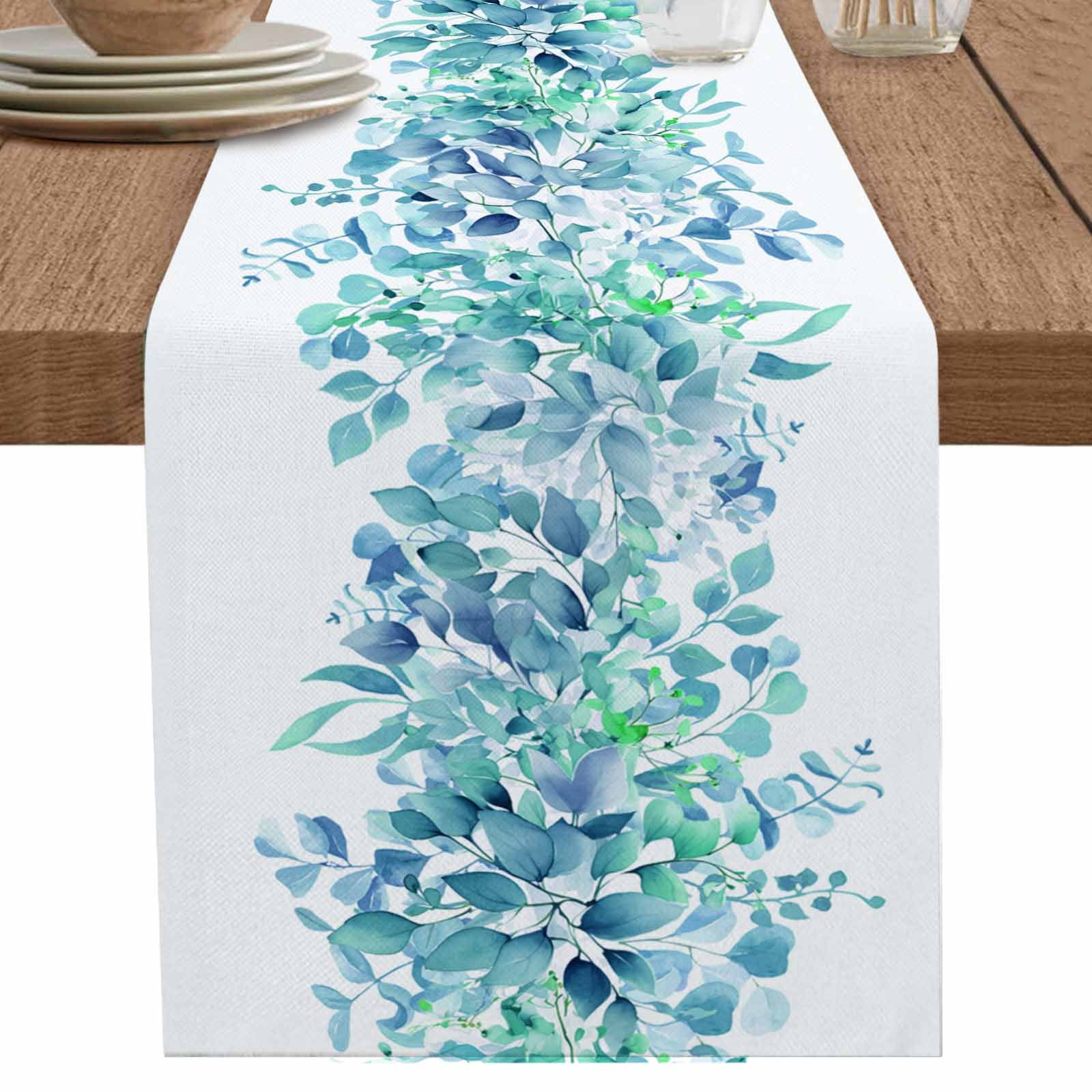 nqOlkjepod Teal Blue Eucalyptus Leaves Table Runner 72 Inches Long ...