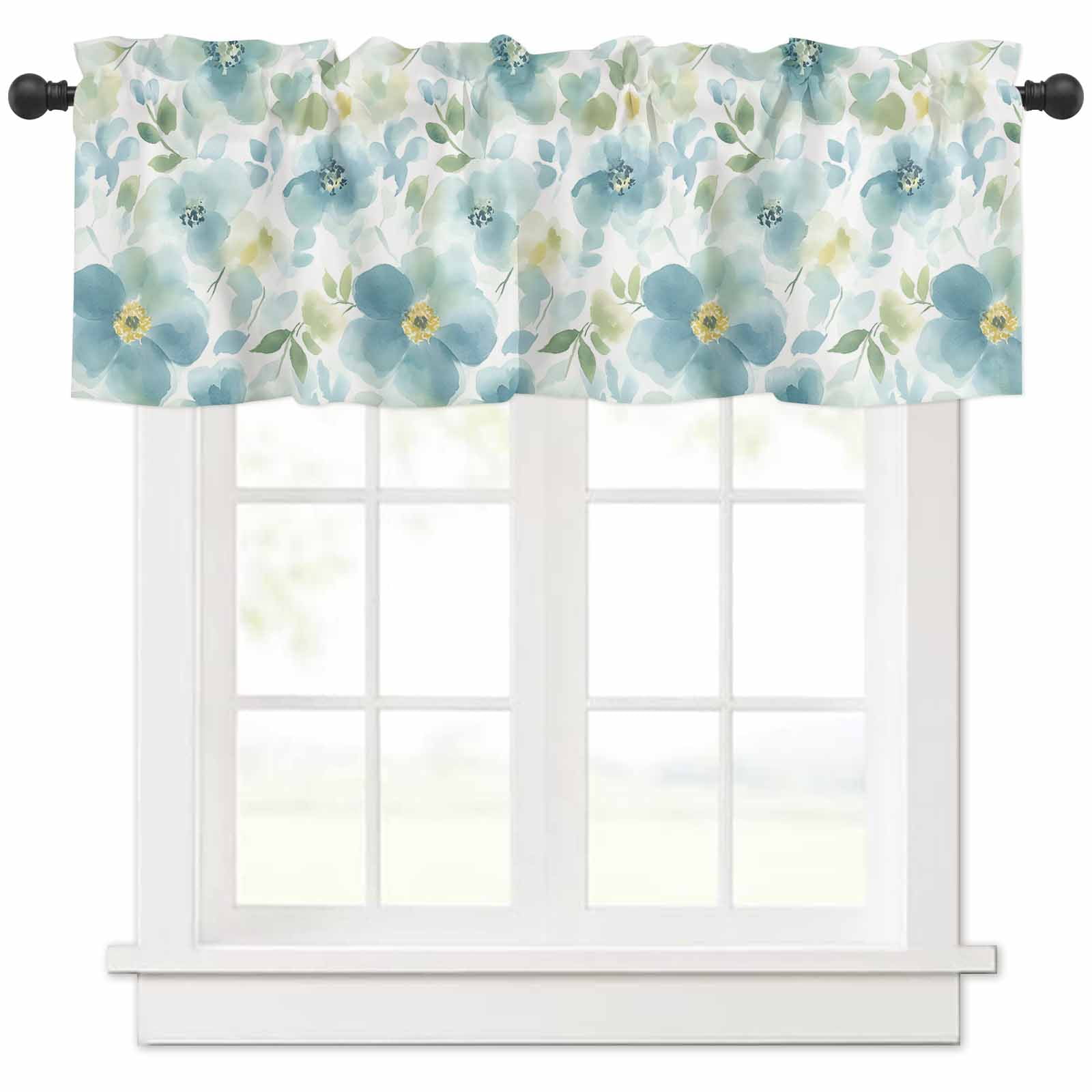 nqOlkjepod Teal Blue Flower Farmhouse Short Window Curtain Valances ...
