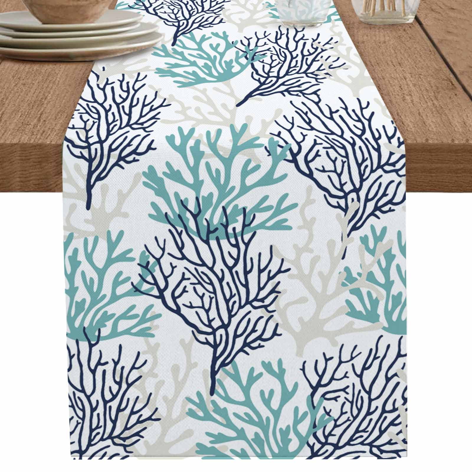 nqOlkjepod Teal Blue Grey Coral Coastal Table Runner 60 Inches Long Farmhouse Dress Scarves ...