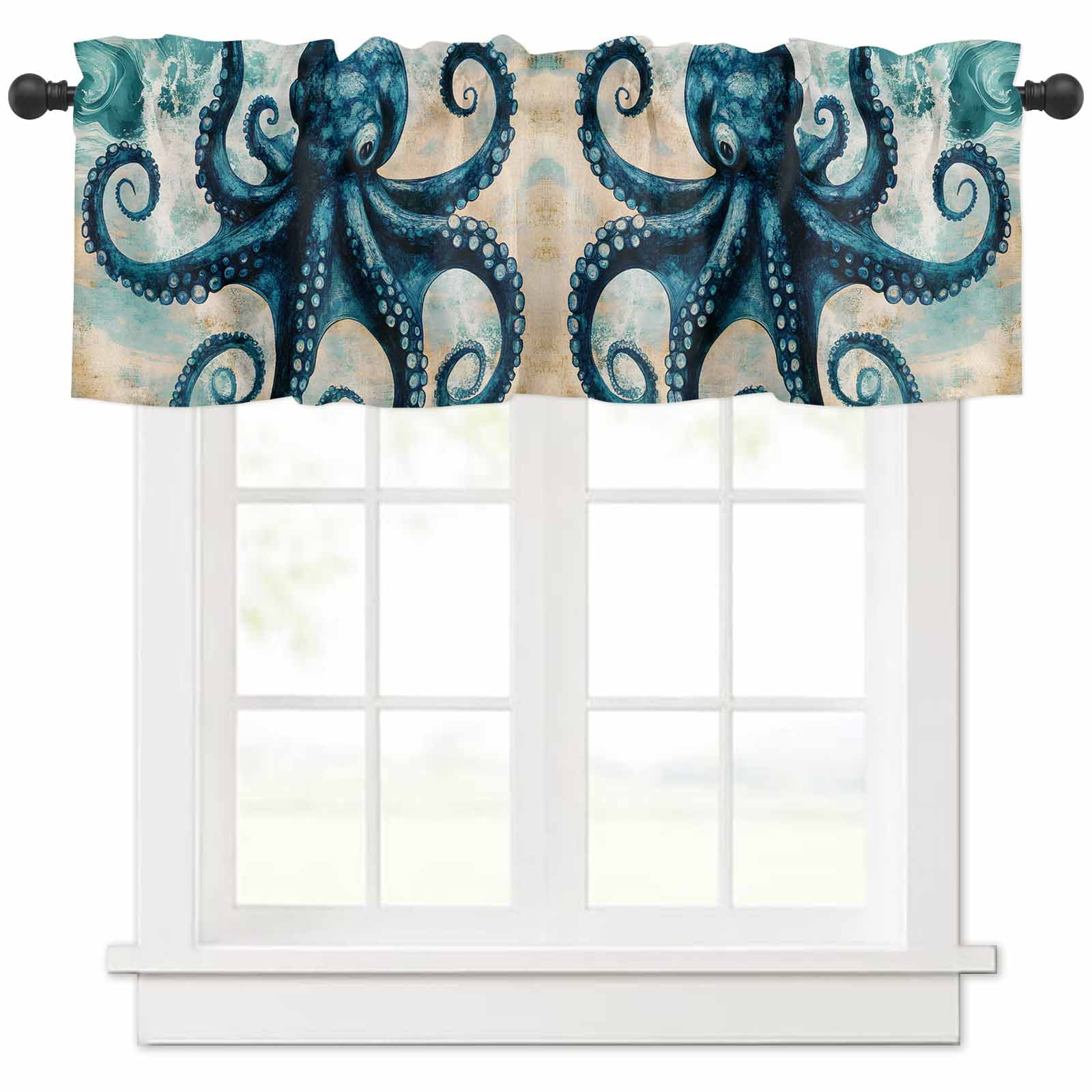 nqOlkjepod Teal Blue Octopus Farmhouse Short Window Curtain Valances ...