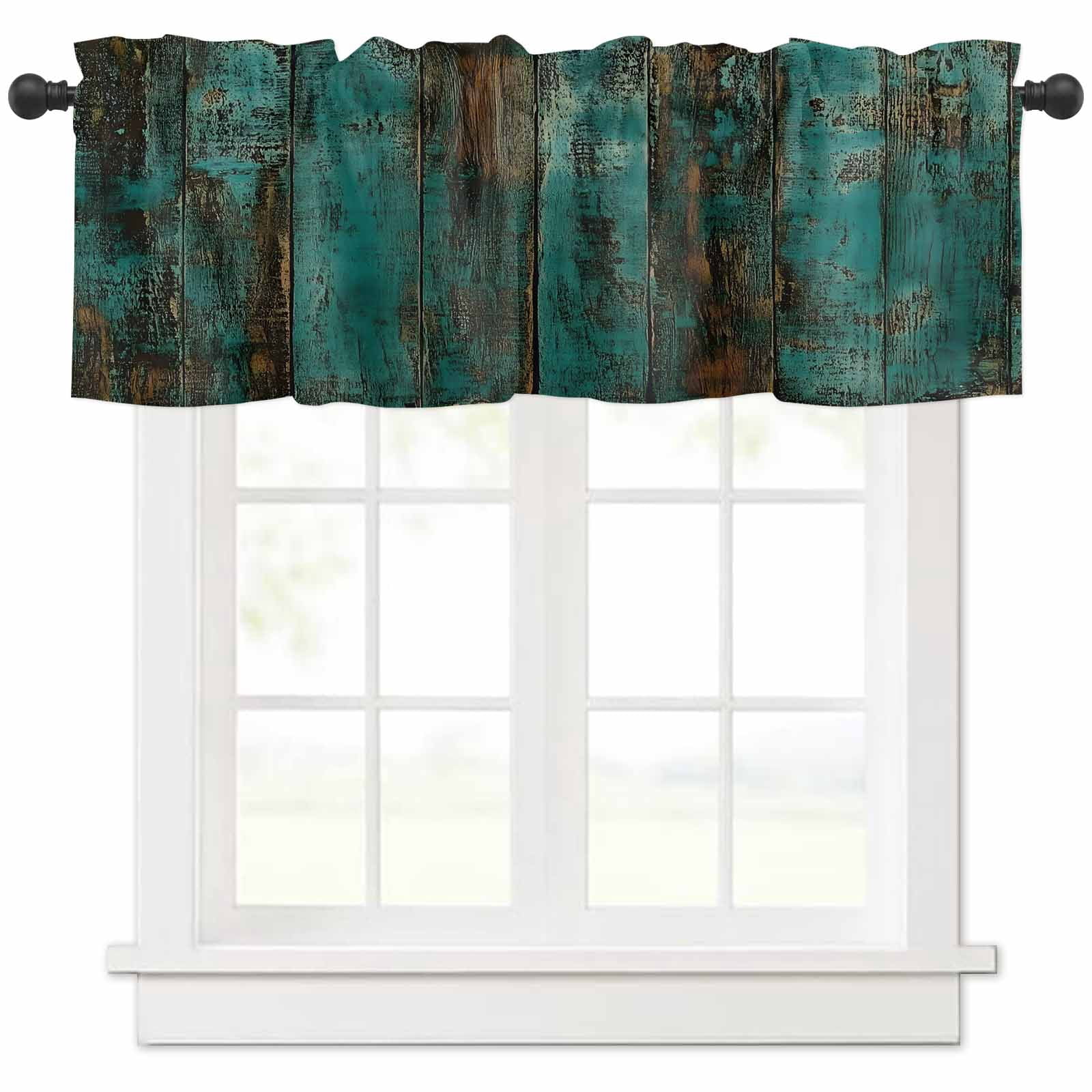 nqOlkjepod Teal Brown Plank Farmhouse Short Window Curtain Valances ...