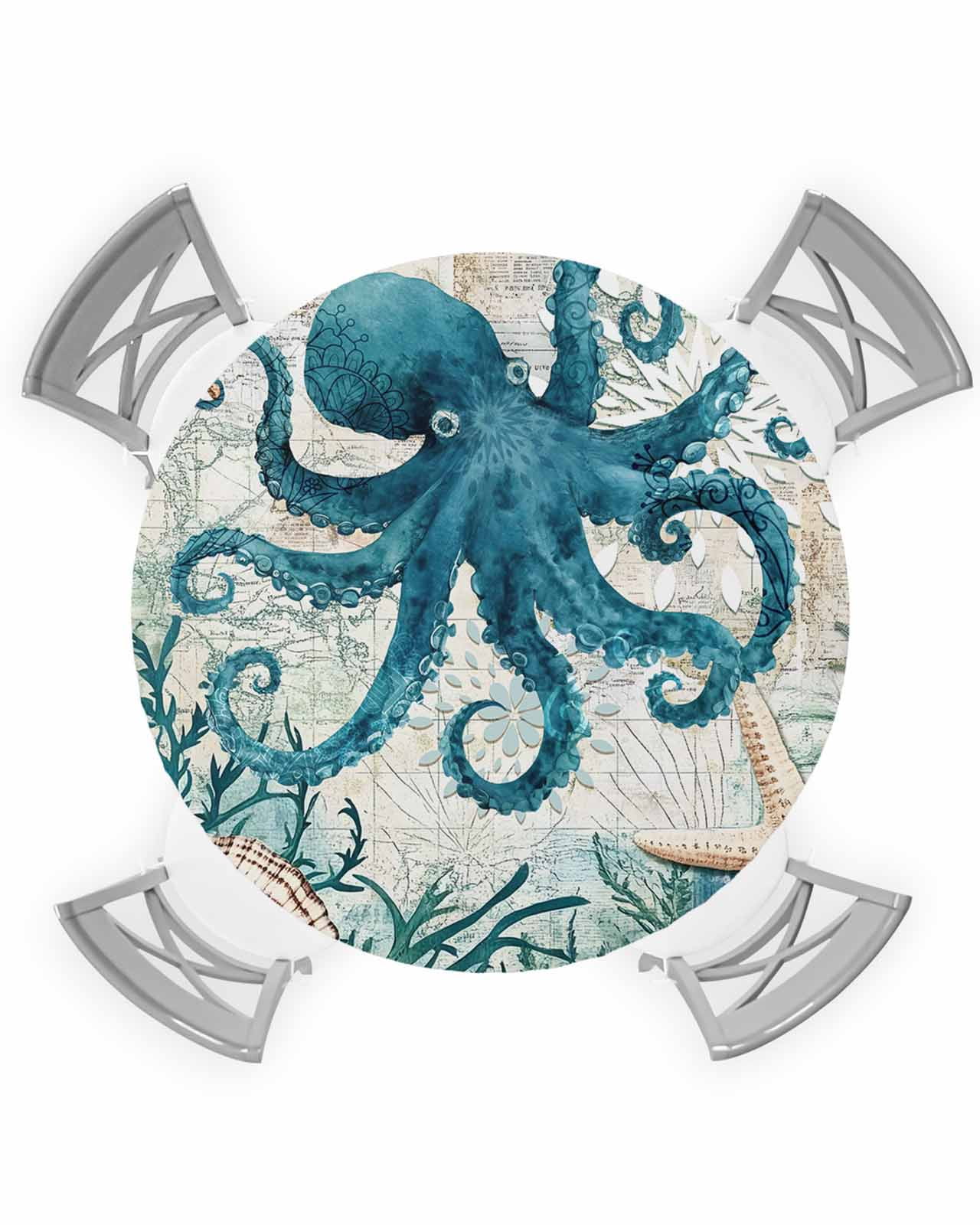 nqOlkjepod Teal Coastal Octopus Round Tablecloth, Fitted Table Cover ...