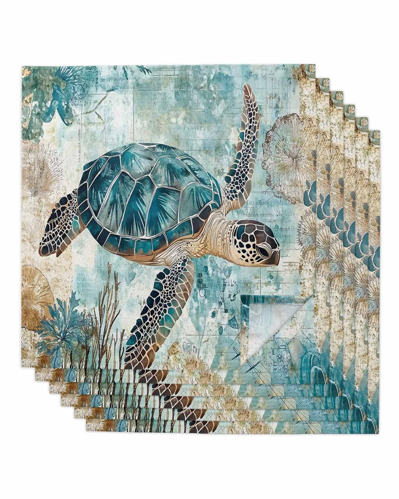 nqOlkjepod Teal Coastal Turtle Cloth Napkins Set of 6 Reusable Dinner ...