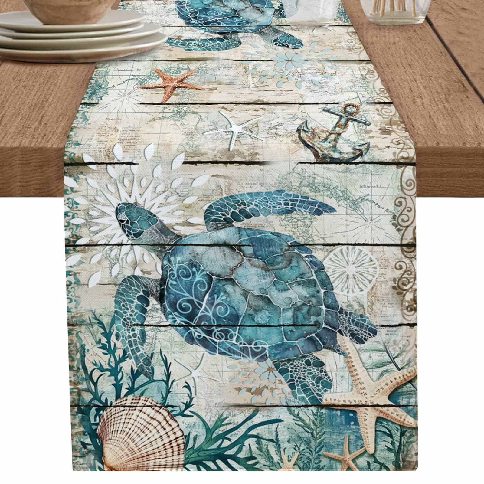 nqOlkjepod Teal Coastal Turtle Table Runner 72 Inches Long Farmhouse ...