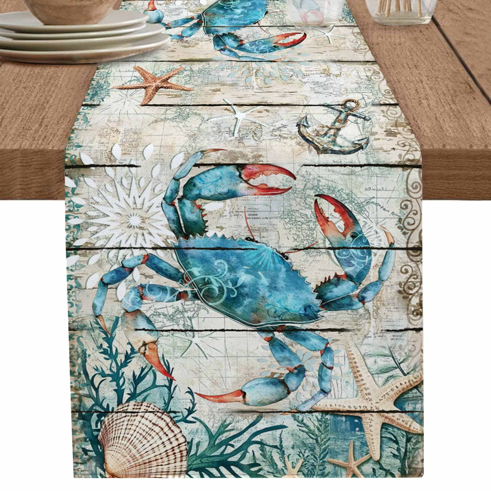 nqOlkjepod Teal Crab Coastal Table Runner 72 Inches Long Farmhouse ...
