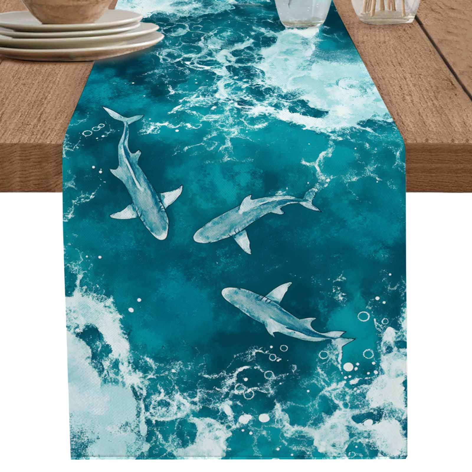 nqOlkjepod Teal Green Ocean Shark Table Runner 72 Inches Long Farmhouse ...