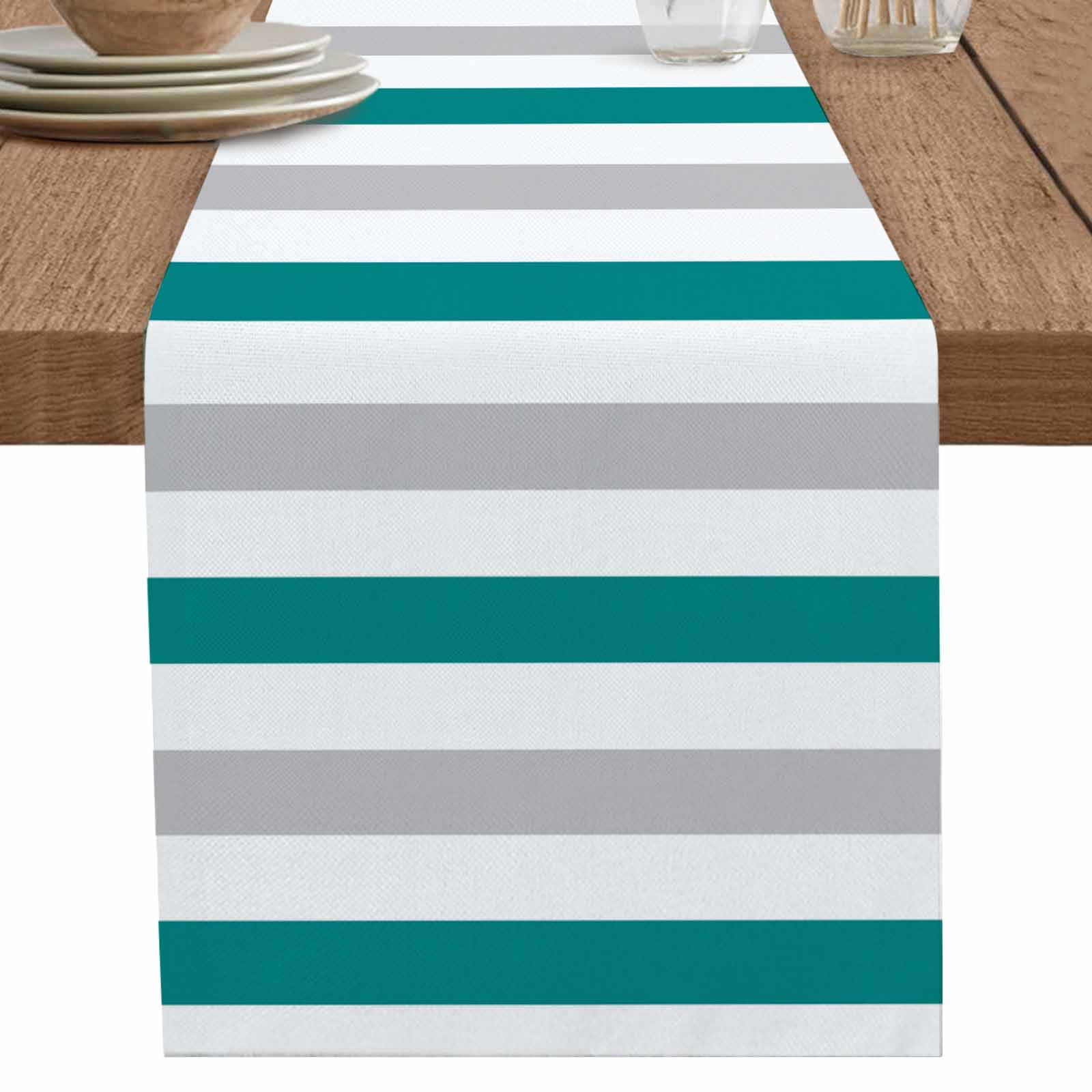 nqOlkjepod Teal Grey Striped Table Runner 90 Inches Long Farmhouse ...