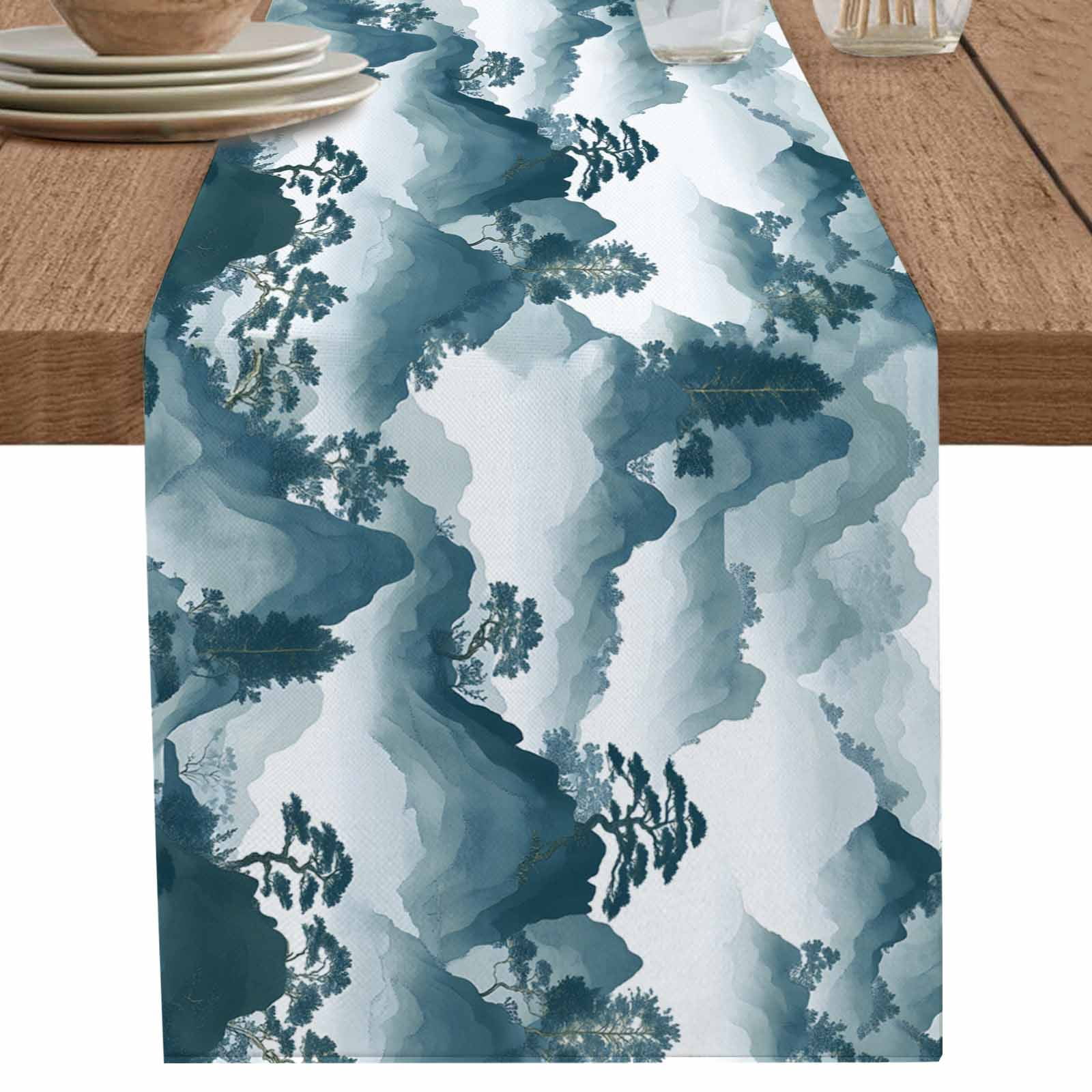 nqOlkjepod Teal Mountain Forest Table Runner 90 Inches Long Farmhouse ...