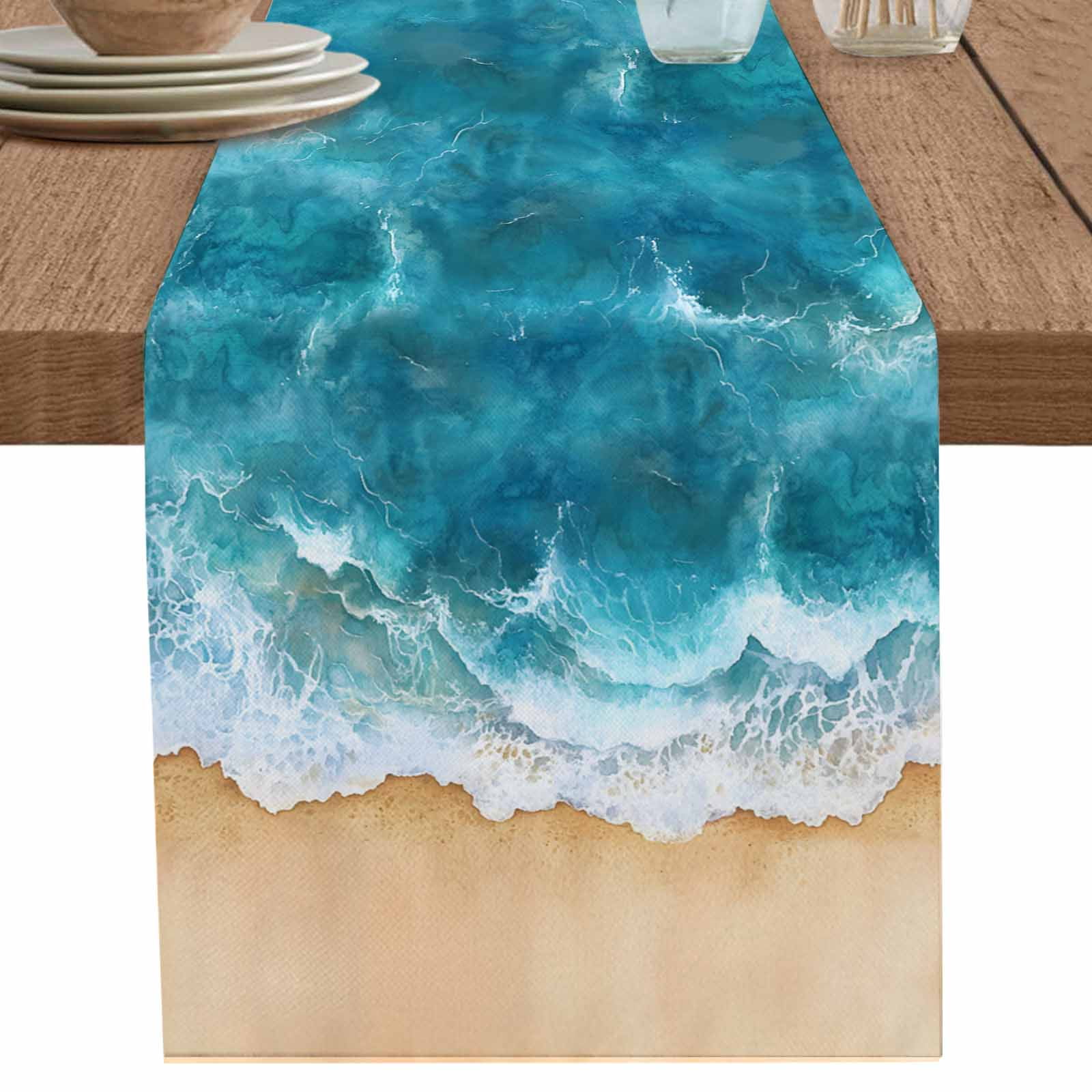 nqOlkjepod Teal Ocean Waves Table Runner 72 Inches Long Farmhouse Dress Scarves, Summer Beach ...