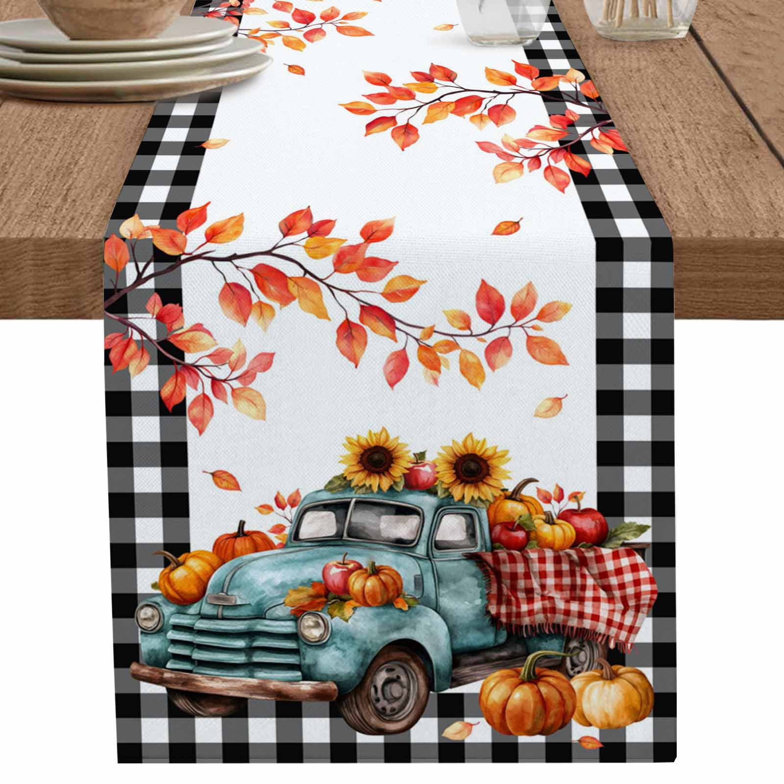 nqOlkjepod Teal Truck Fall Table Runner 70 Inches Long Farmhouse Dress ...
