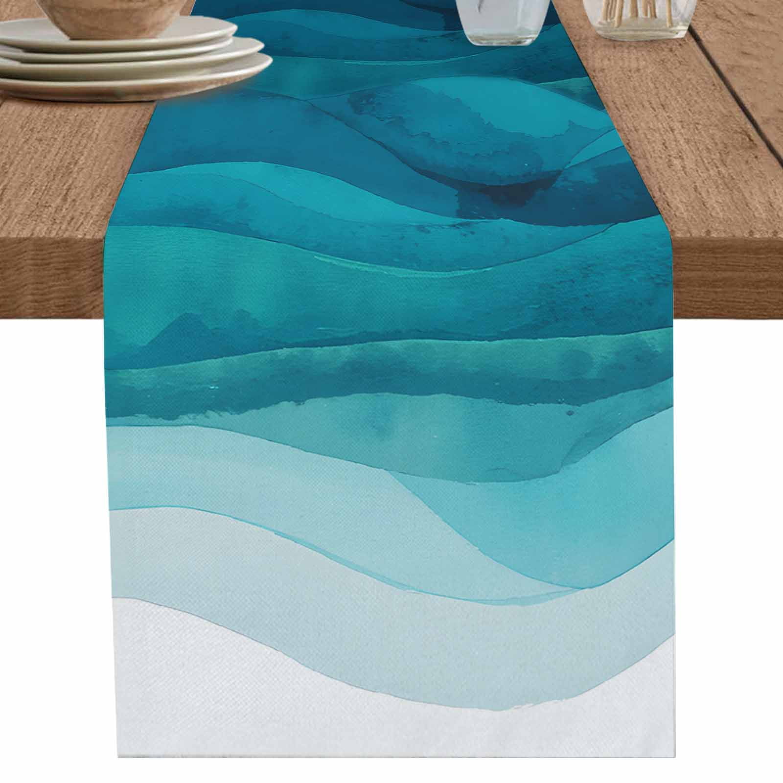 nqOlkjepod Teal Turquoise Waves Table Runner 108 Inches Long Farmhouse ...