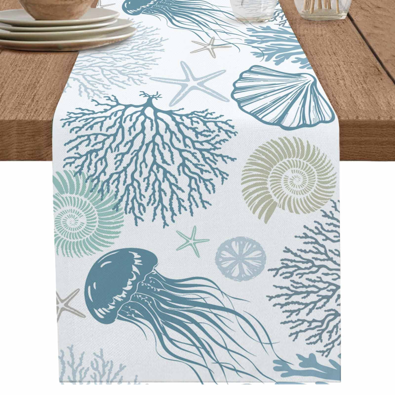 nqOlkjepod Turquoise Coastal Table Runner 108 Inches Long Farmhouse ...